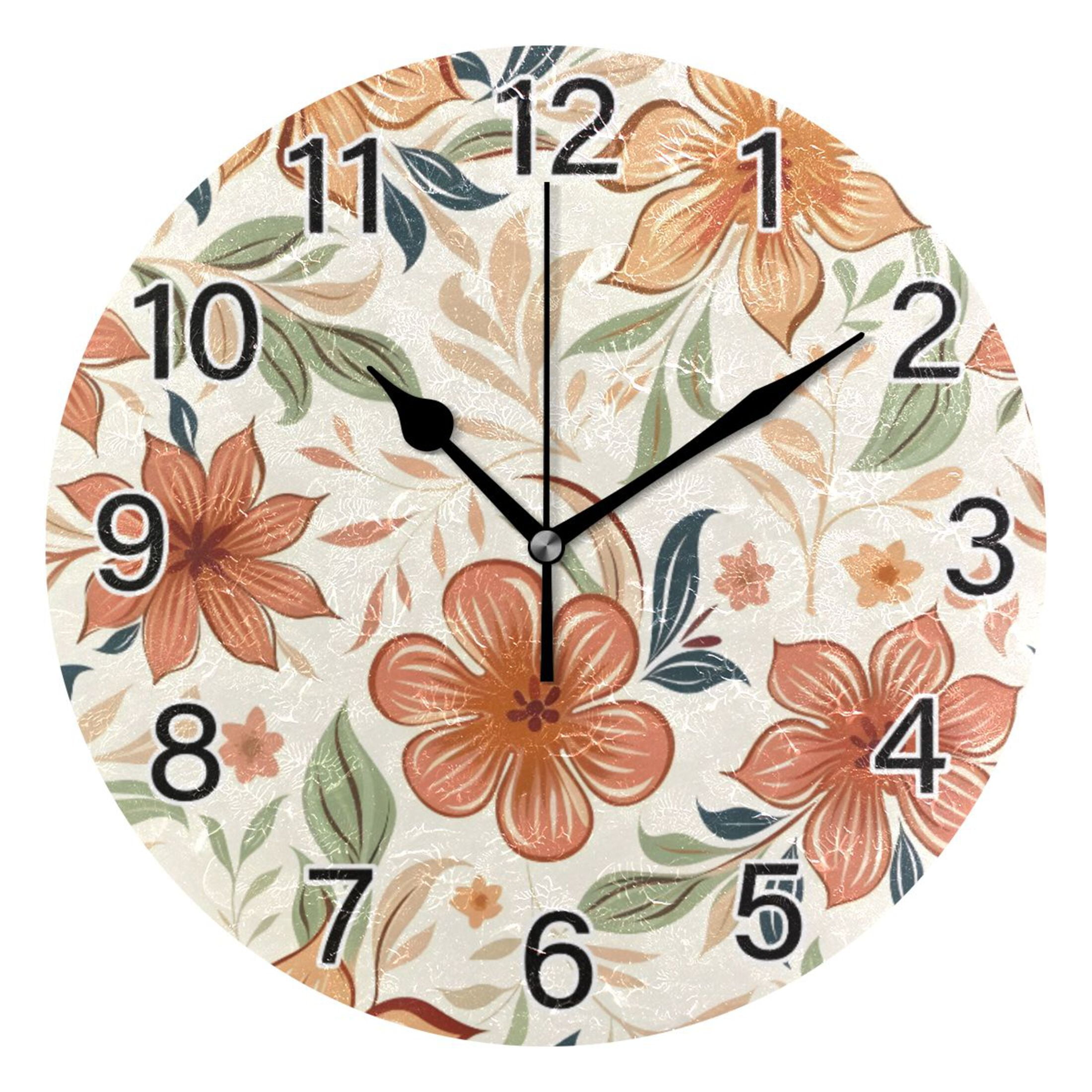Ryvnso Flowers and Green Leaves Wall Clock Non Ticking Silent Kitchen ...