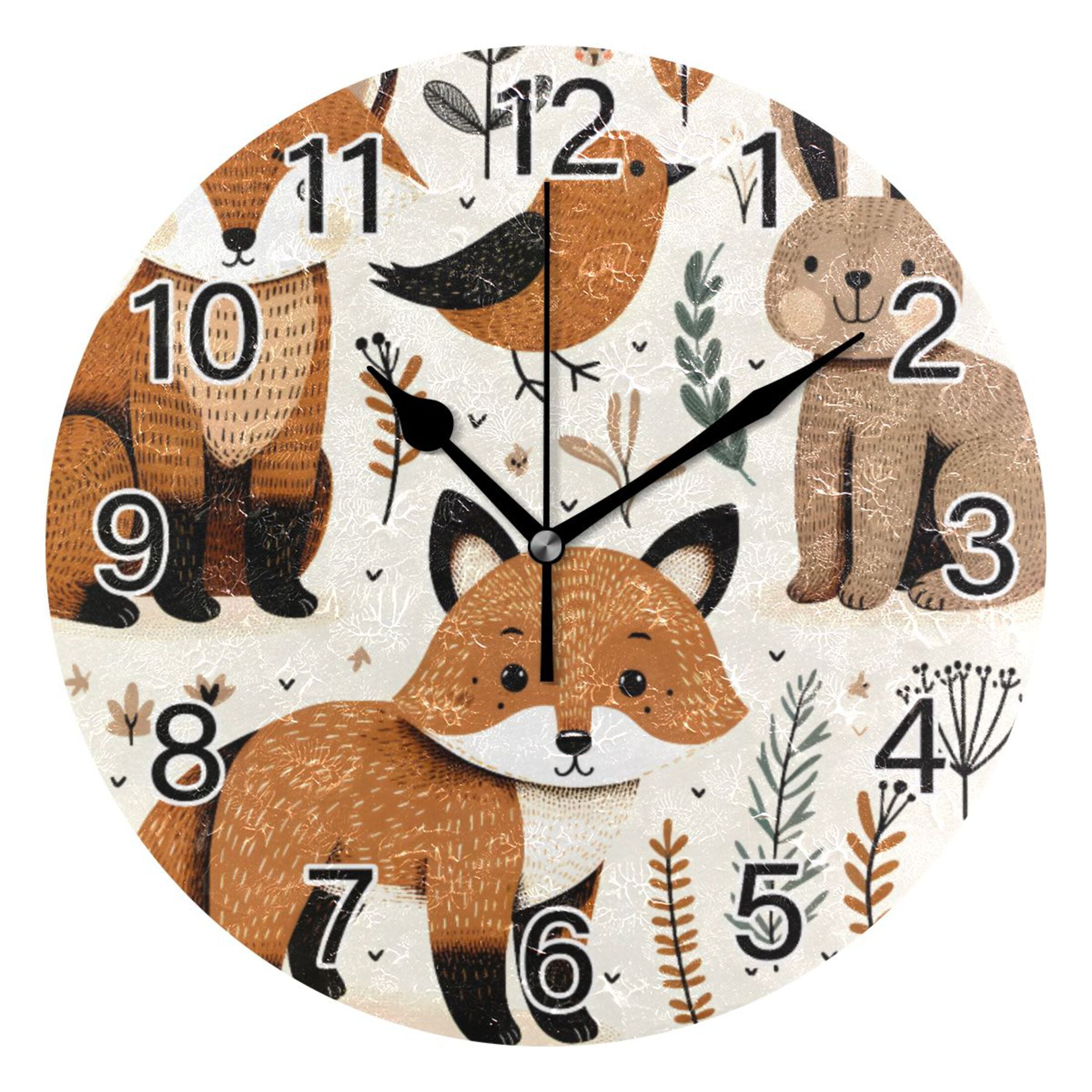 Ryvnso Fox Rabbit Bird and Leaves Wall Clock Non Ticking Silent Kitchen ...