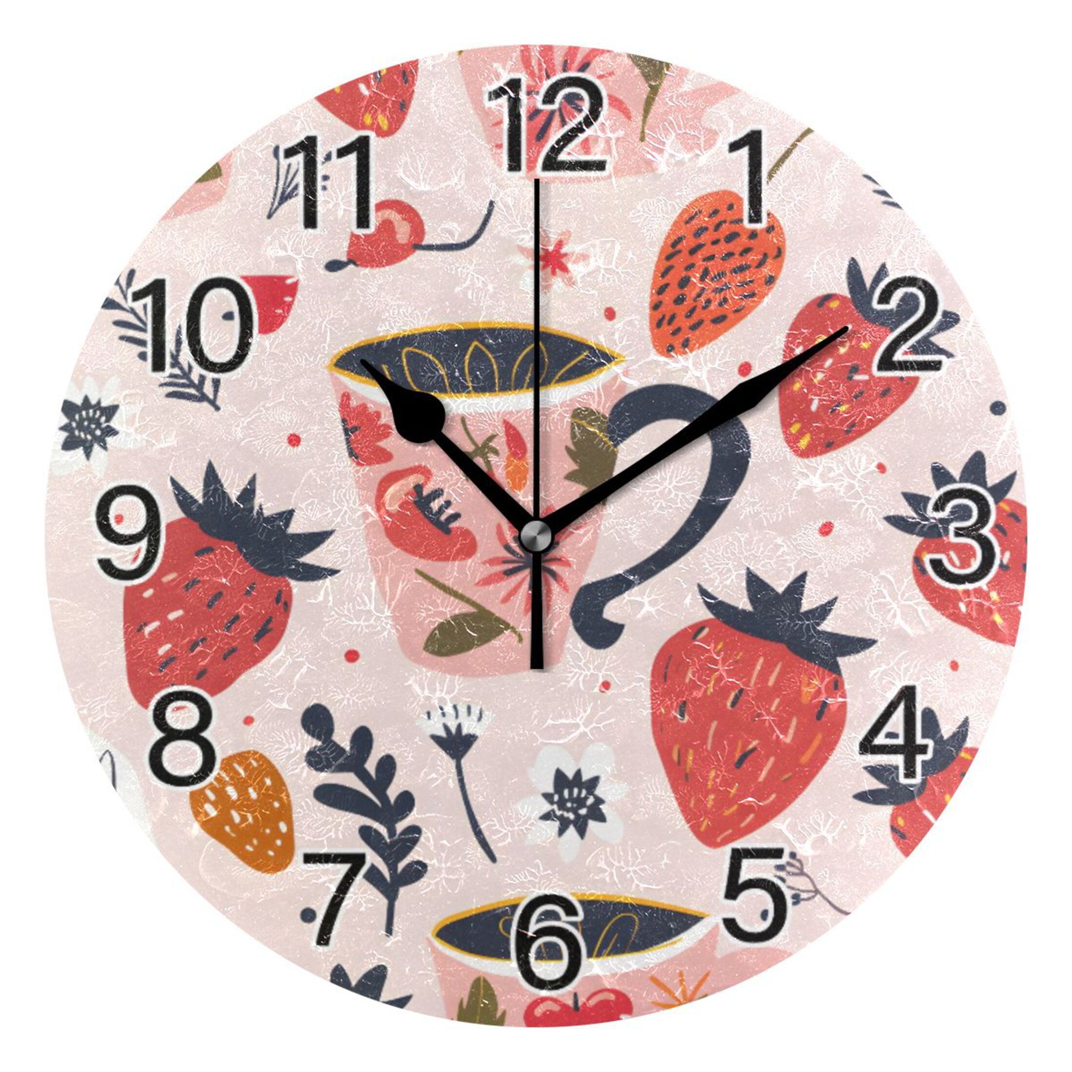 Ryvnso Glass and Strawberry Wall Clock Non Ticking Silent Kitchen Clock ...