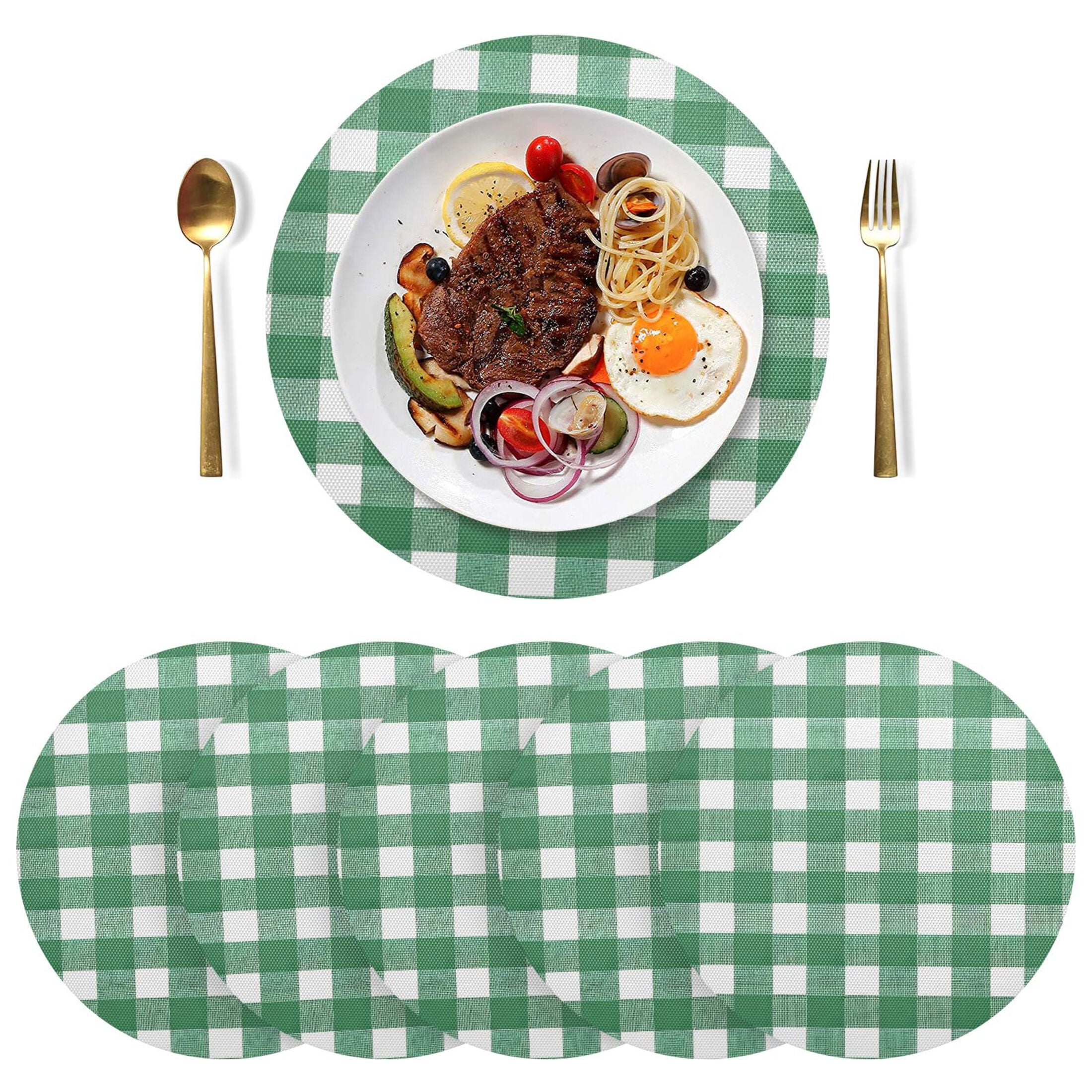 Ryvnso Green and White Checkered Pattern Round Plate Mats Dining Table ...