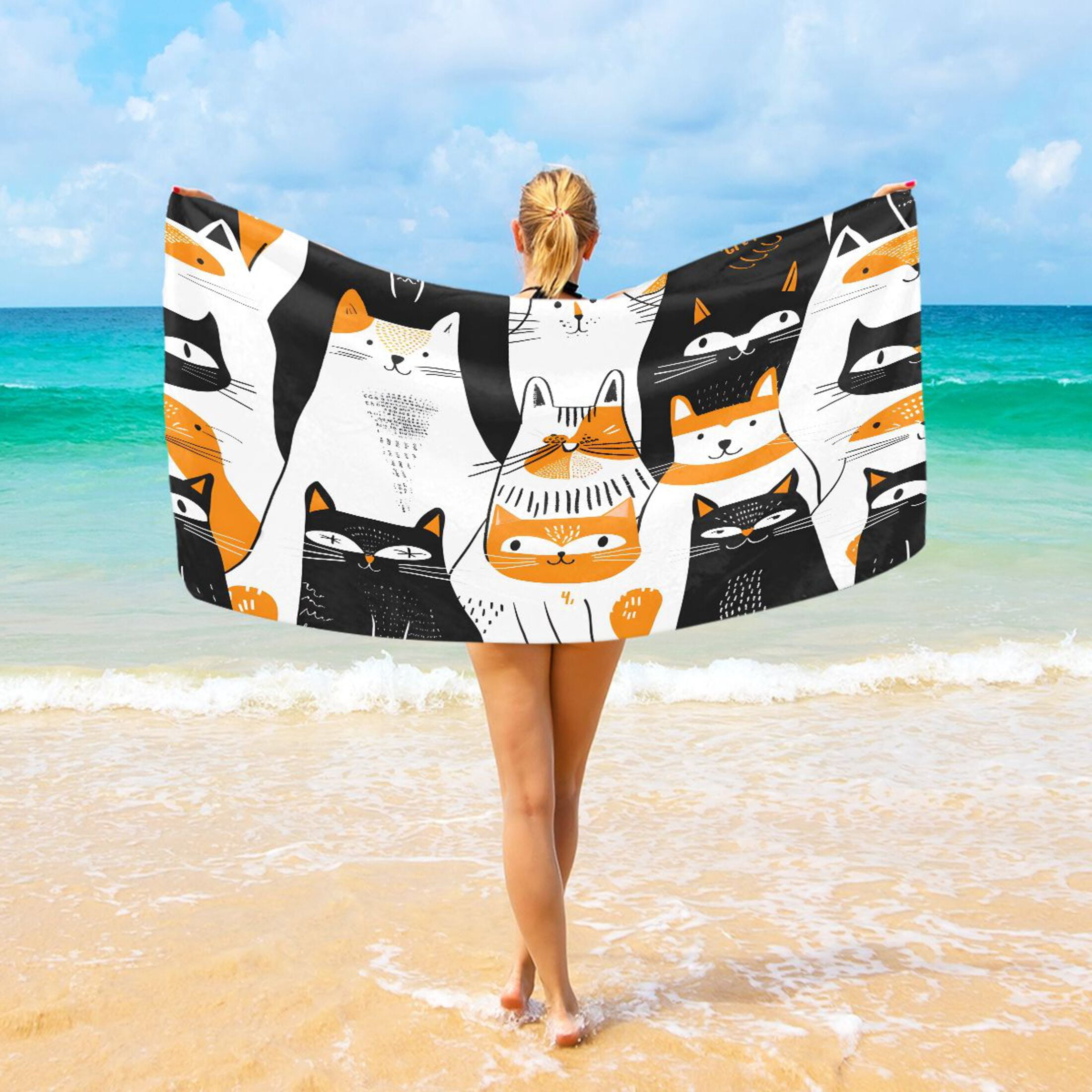 Ryvnso Hand Drawn Cats Oversized Beach Towel Microfiber Bath Blankets ...
