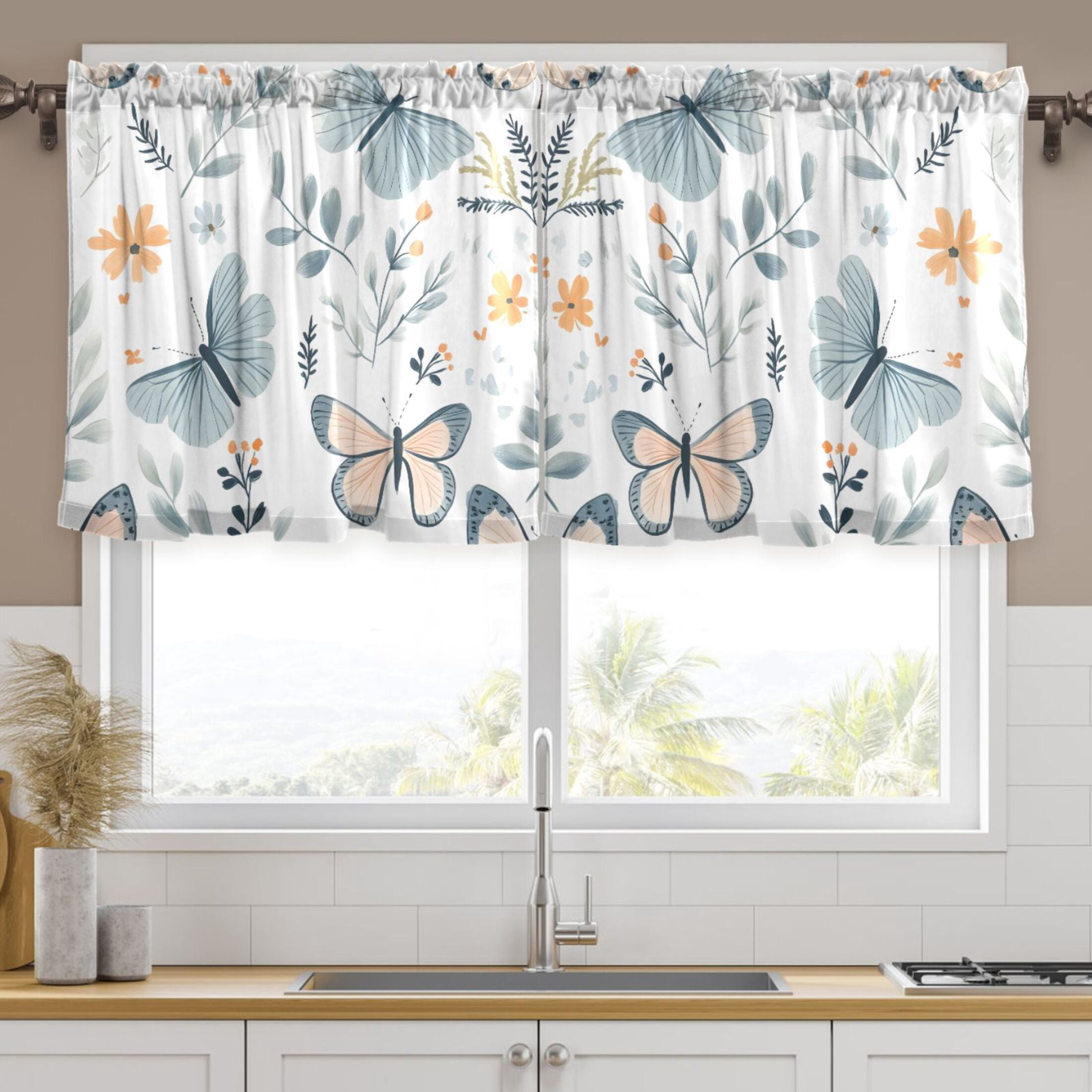 Ryvnso Hand Drawn Floral Butterfly Curtains Sets Short Curtain Rod ...