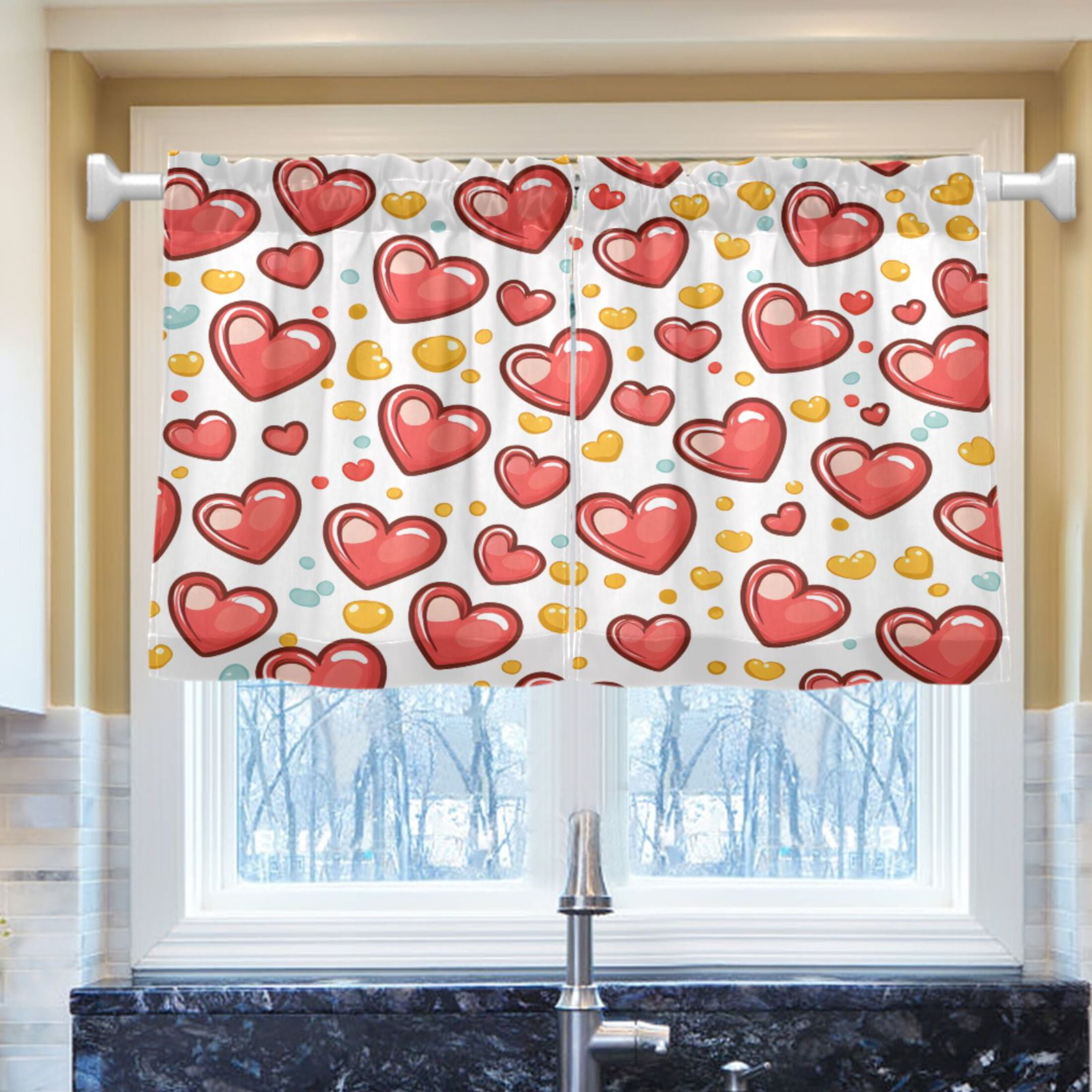 Ryvnso Heart Pattern Half Curtains Sets Tier 2 Panels Short Curtain Rod ...
