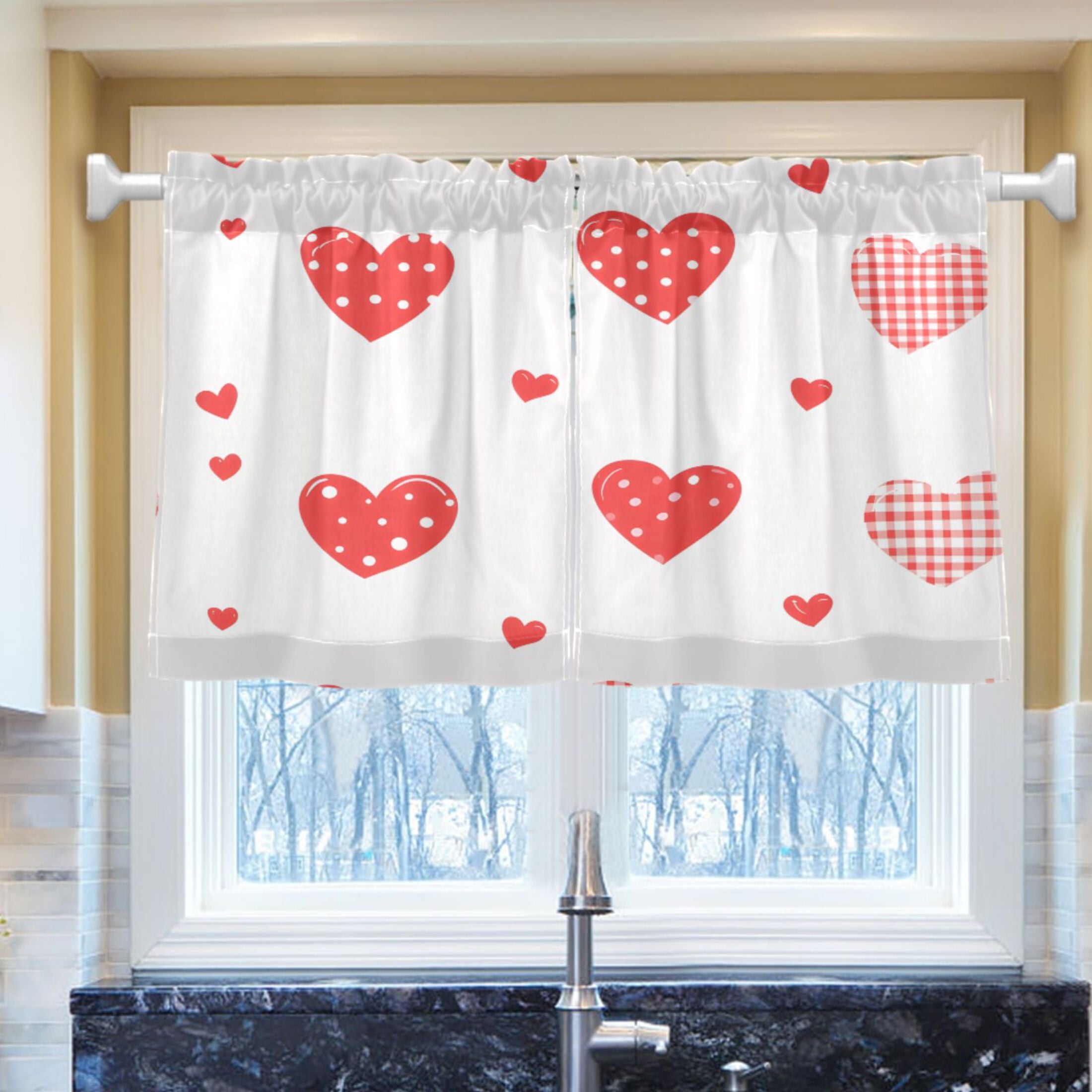 Ryvnso Heart Pattern Half Curtains Sets Tier 2 Panels Short Curtain Rod ...