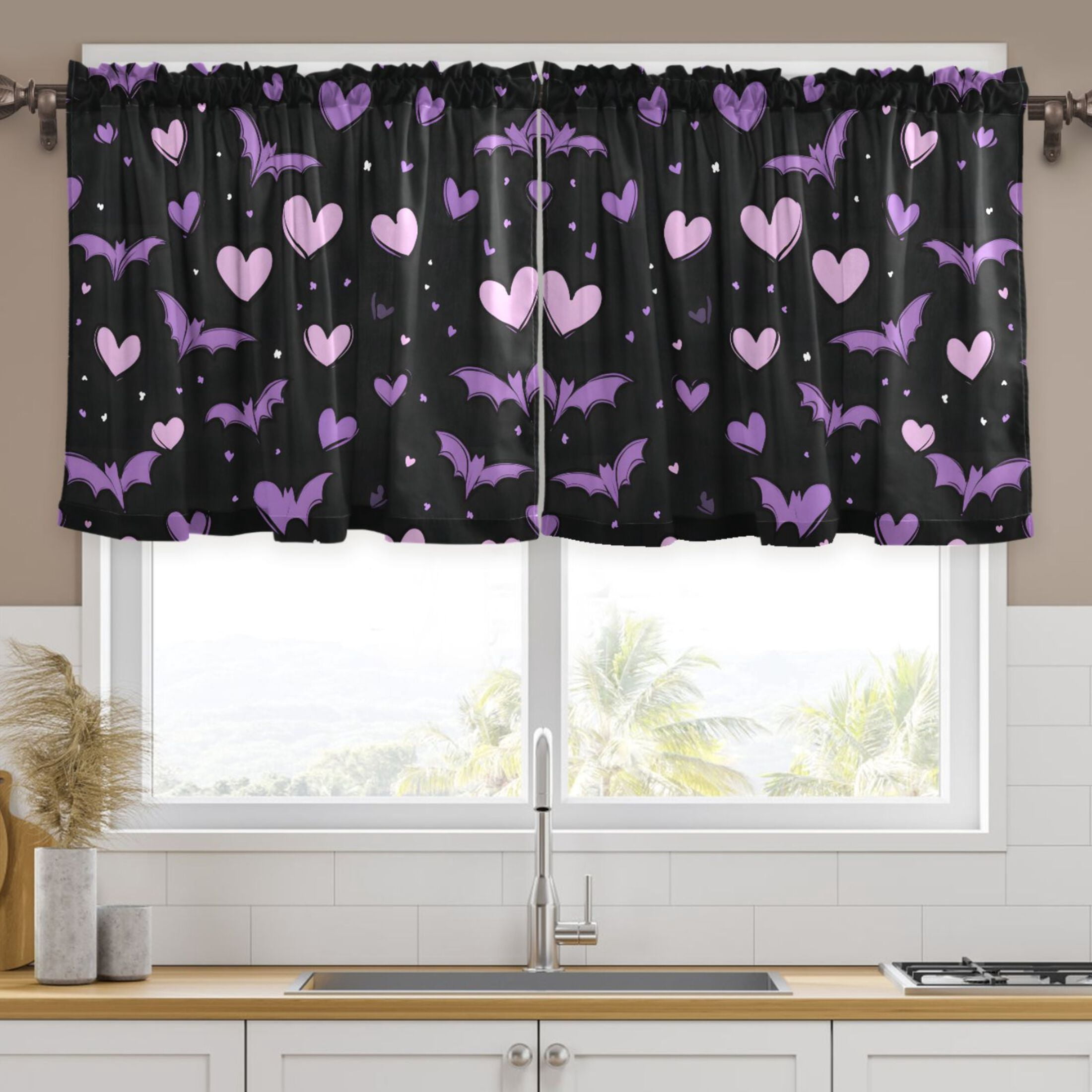 Ryvnso Hearts Bats Curtains Sets Short Curtain Rod Pocket Half Window ...