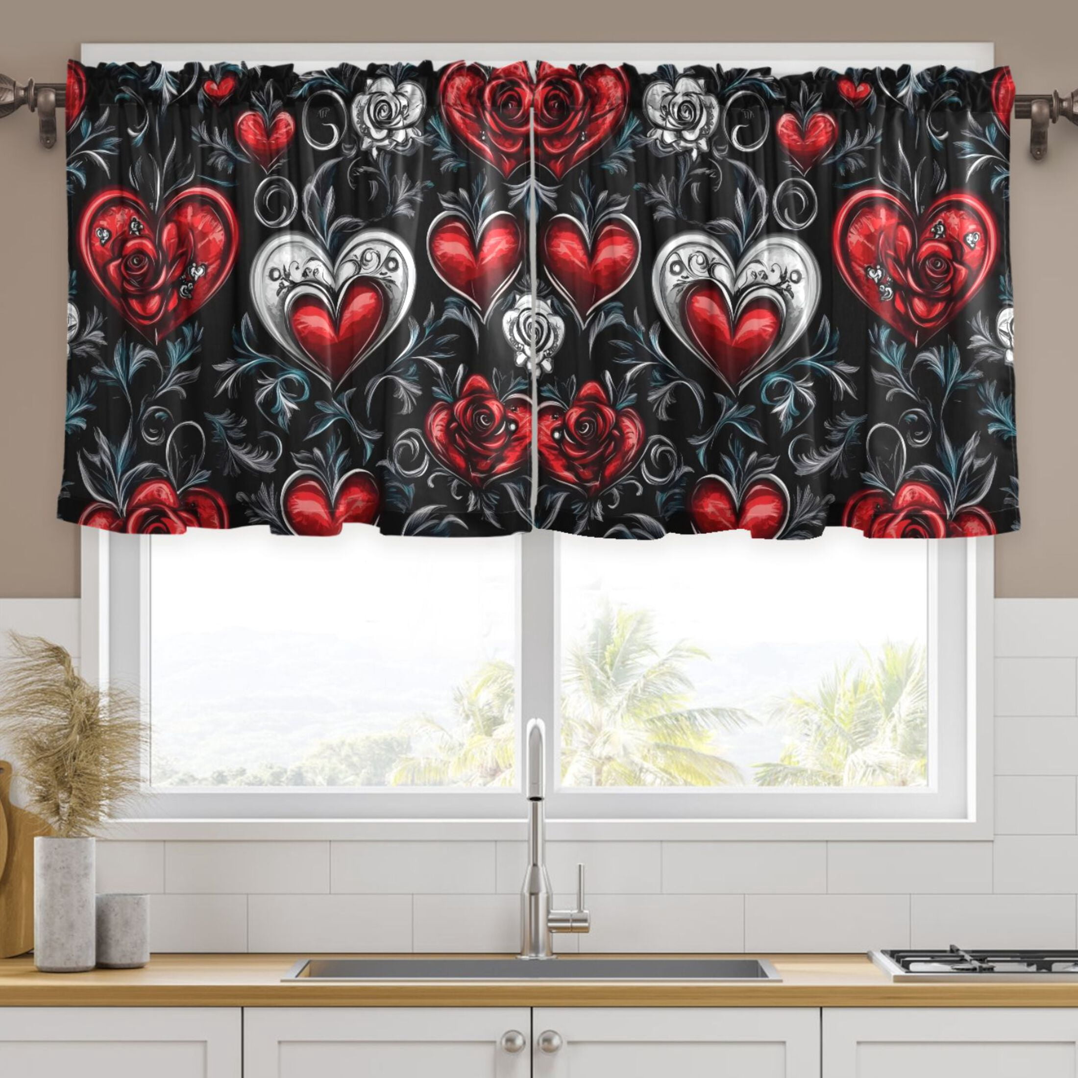 Ryvnso Hearts Roses Flower Curtains Sets Short Curtain Rod Pocket Half ...