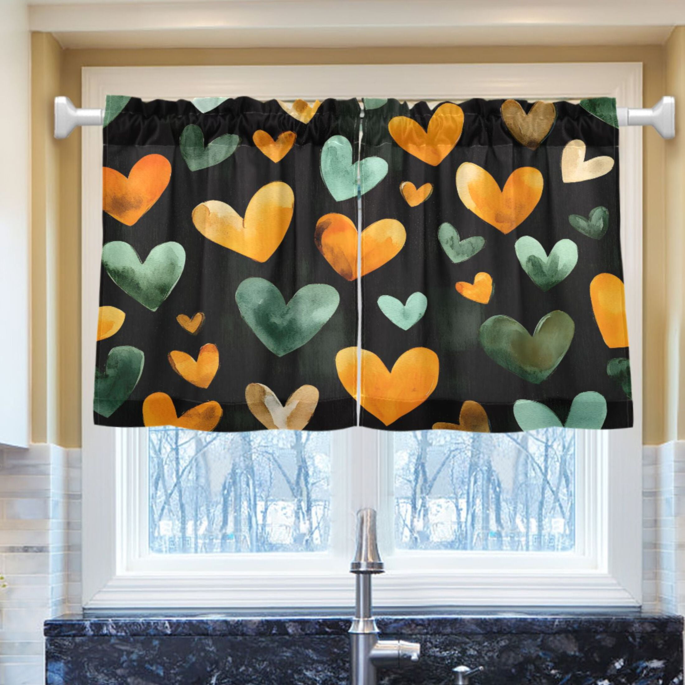 Ryvnso Hearts in Green Half Curtains Sets Tier 2 Panels Short Curtain ...