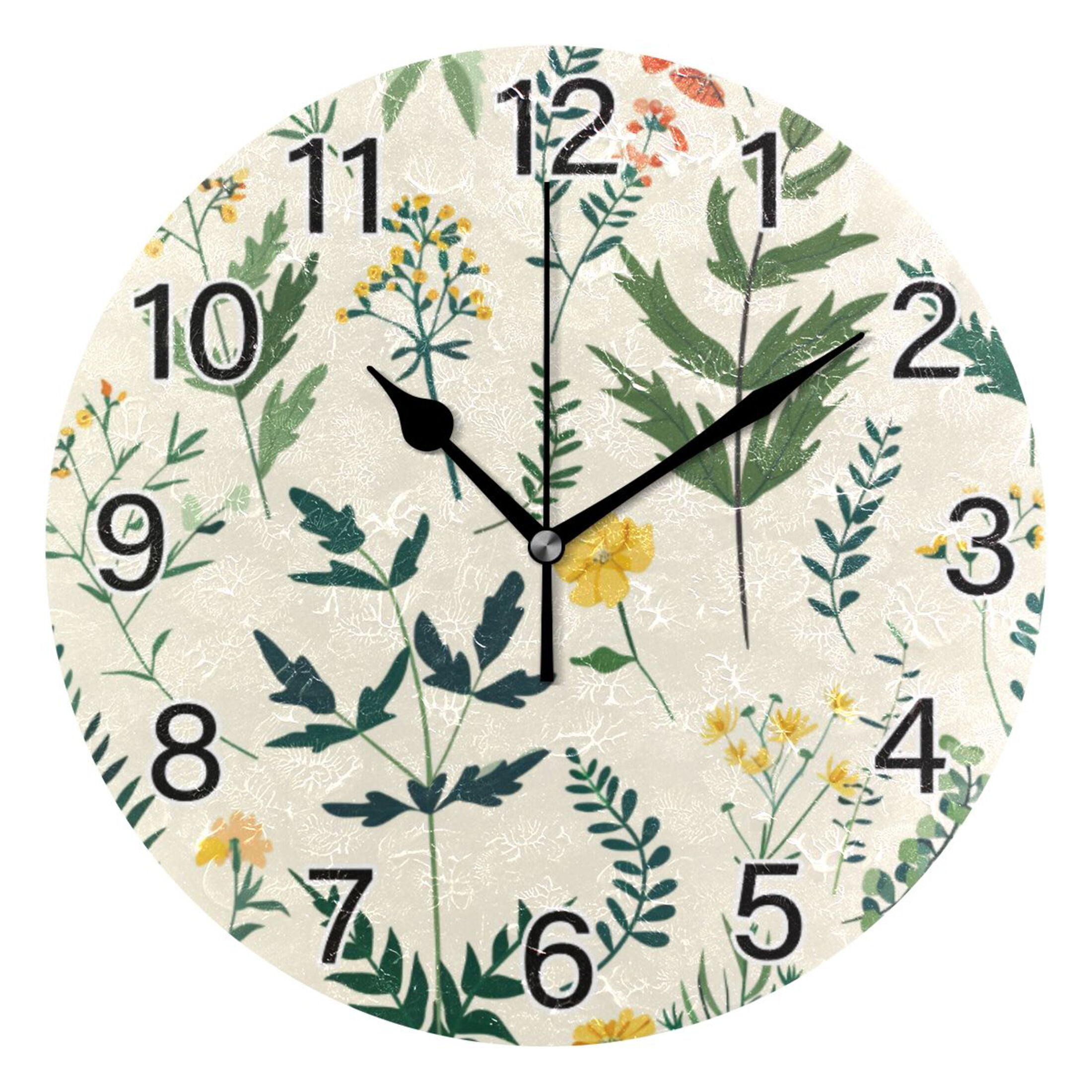 Ryvnso Herb Leaves Plant Wall Clock Non Ticking Silent Kitchen Clock ...