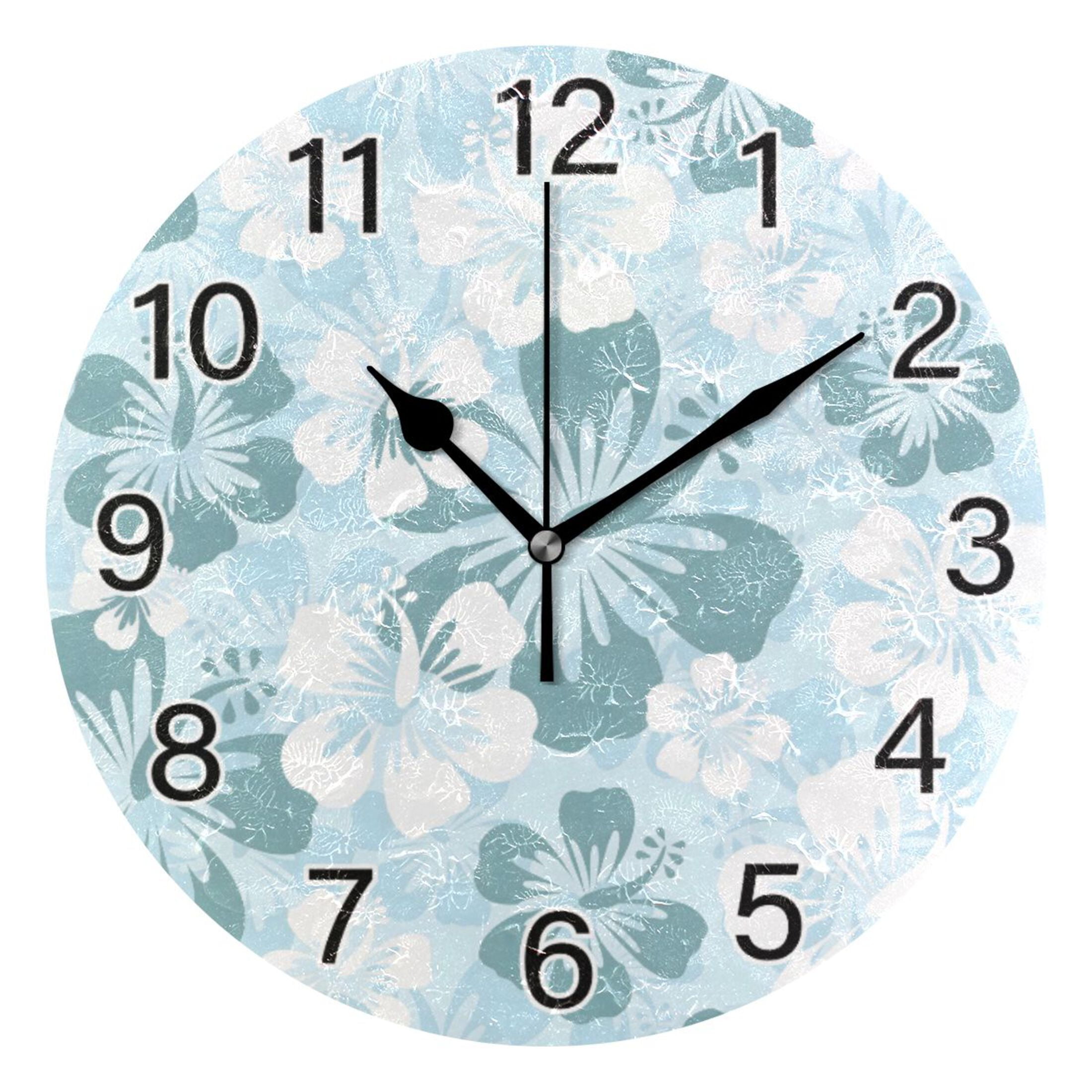 Ryvnso Hibiscus with Blue and White Wall Clock Non Ticking Silent ...