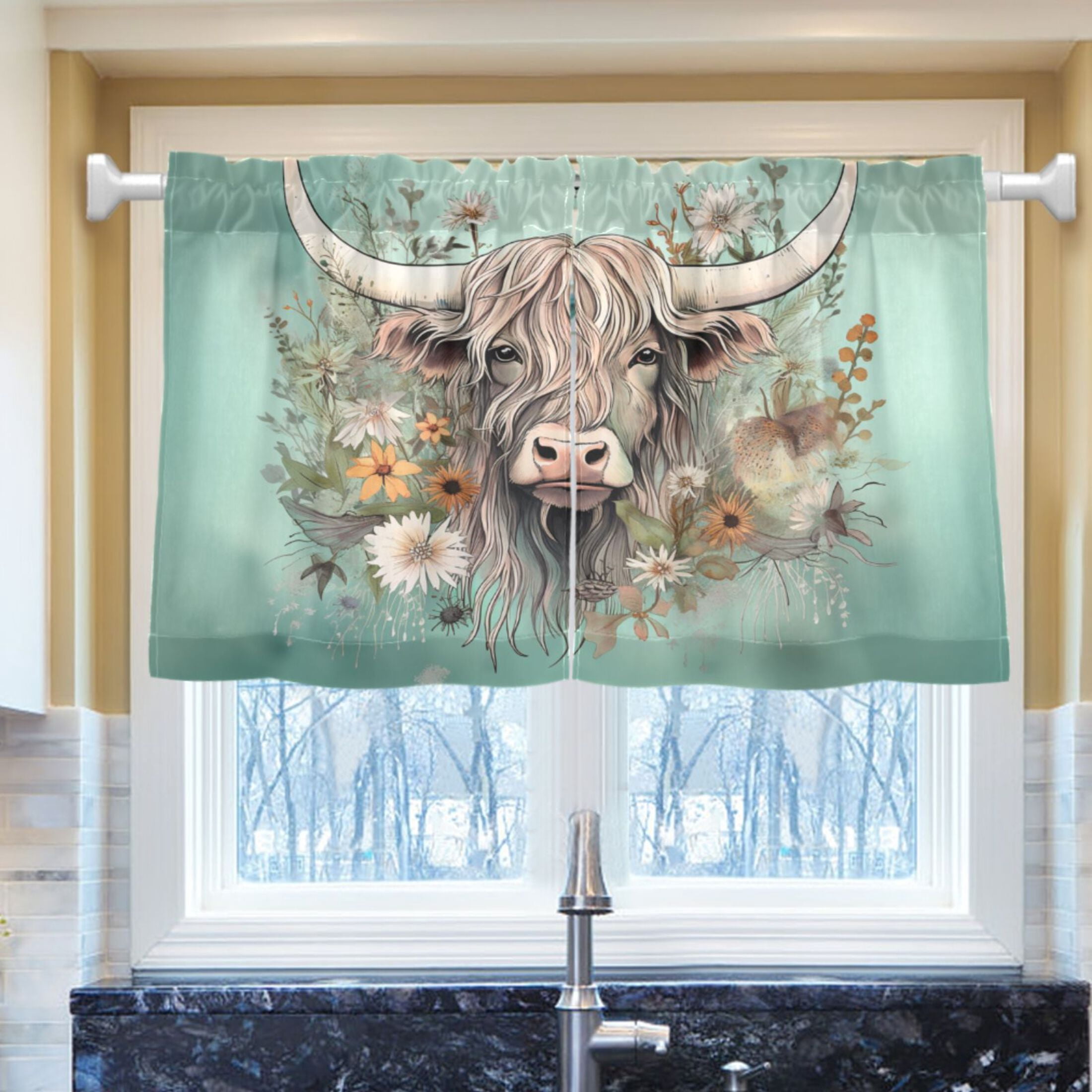 Ryvnso Highland Cattle Floral Half Curtains Sets Tier 2 Panels Short ...
