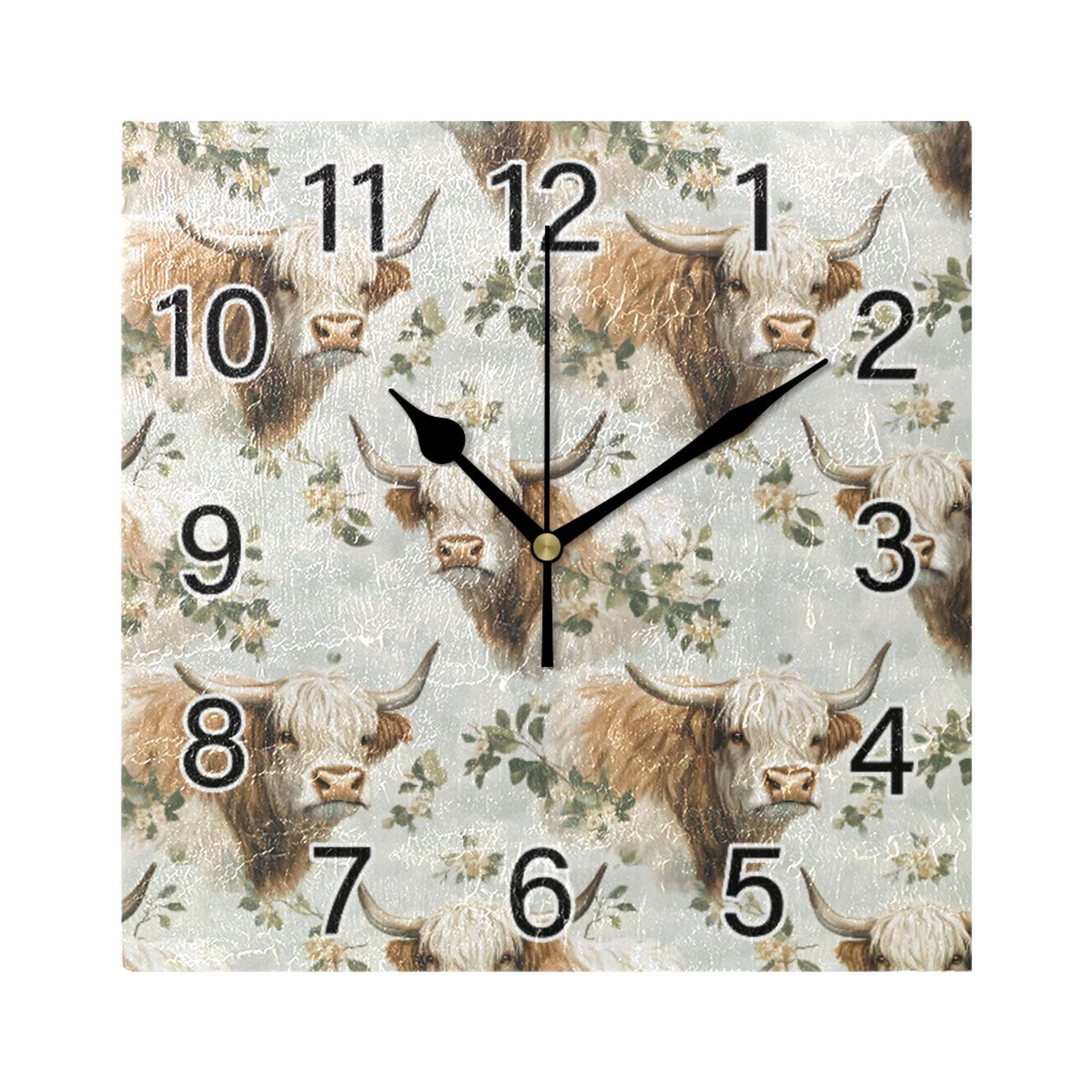 Ryvnso Highland Cattle Wall Clock Square Silent Non-Ticking Battery ...