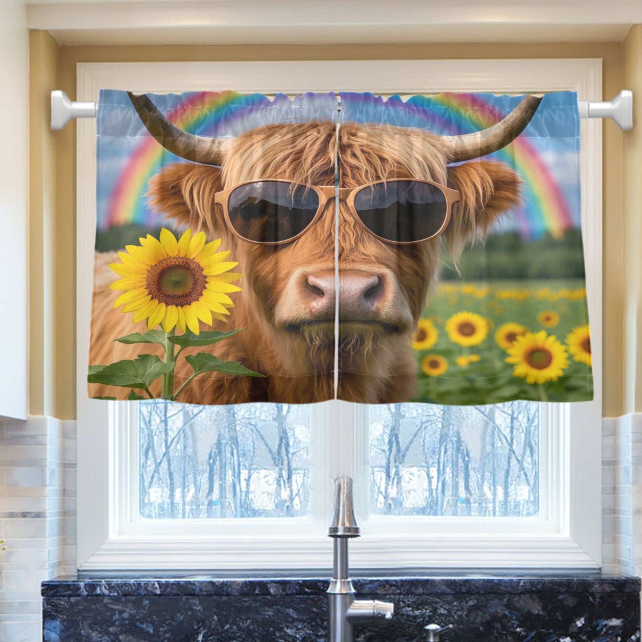 Ryvnso Highland Cattle and Rainbow Half Curtains Sets Tier 2 Panels ...