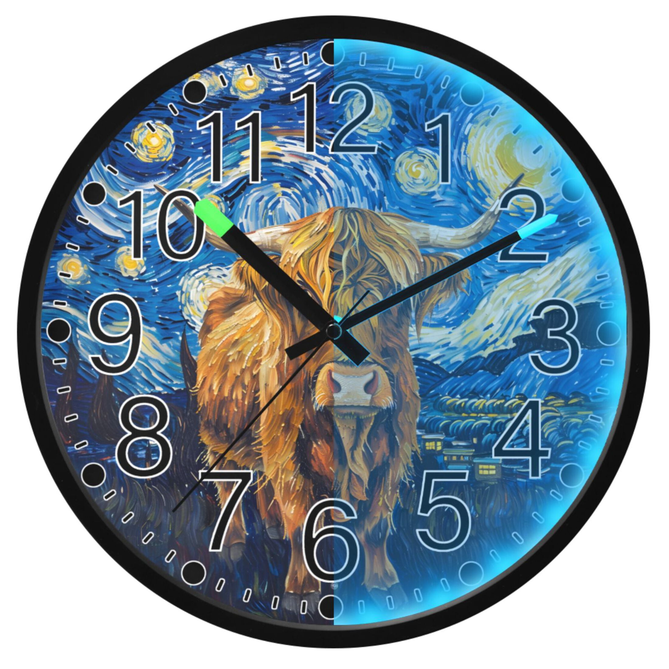 Ryvnso Highland Cattle in Starry Night 12 Inch Night Light Wall Clock ...