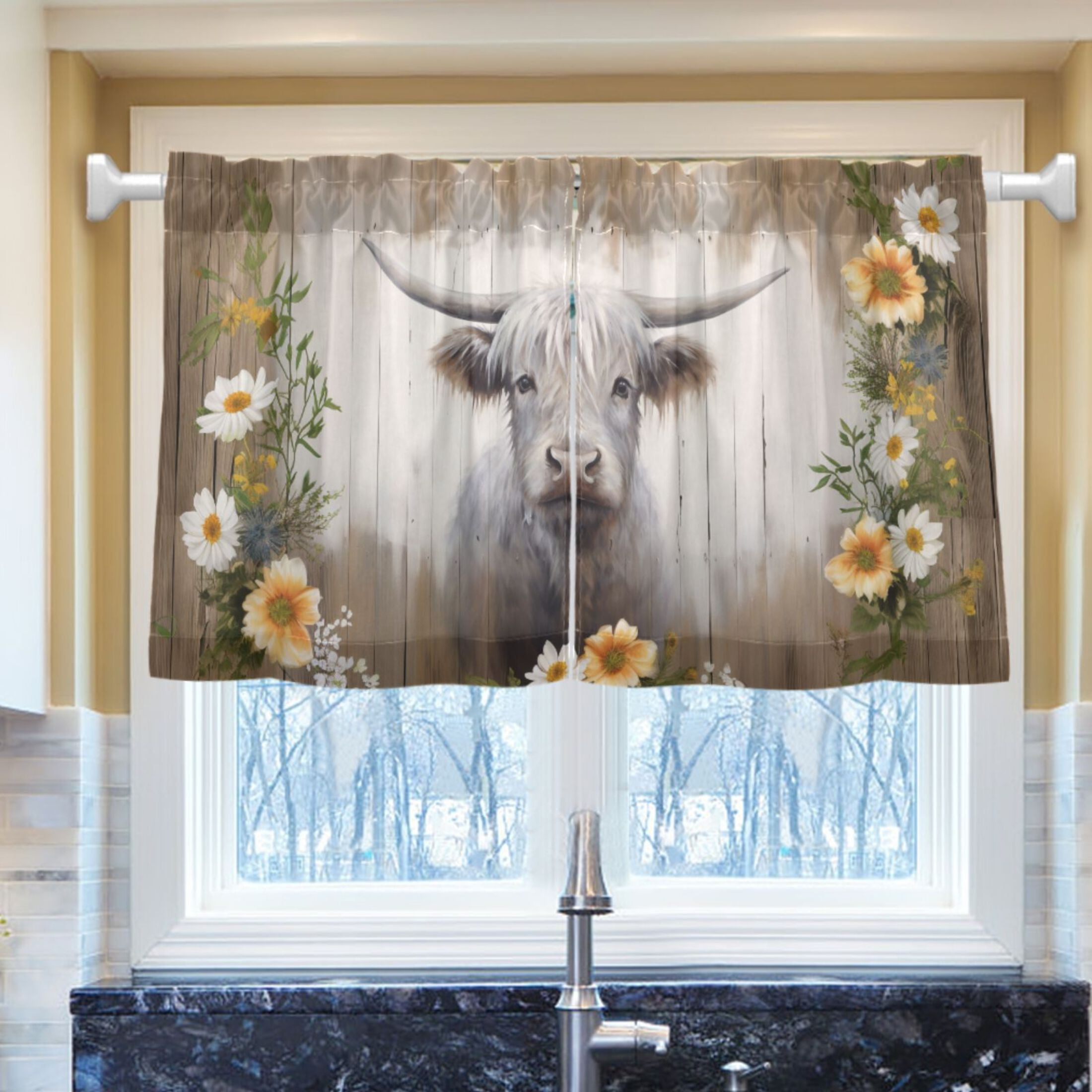 Ryvnso Highland Cattle on Wood Half Curtains Sets Tier 2 Panels Short ...