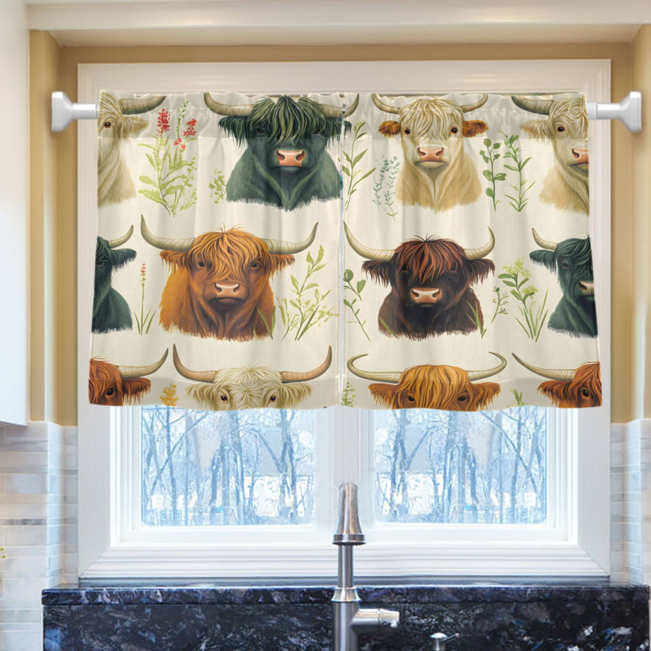 Ryvnso Highland Cattles Half Curtains Sets Tier 2 Panels Short Curtain ...