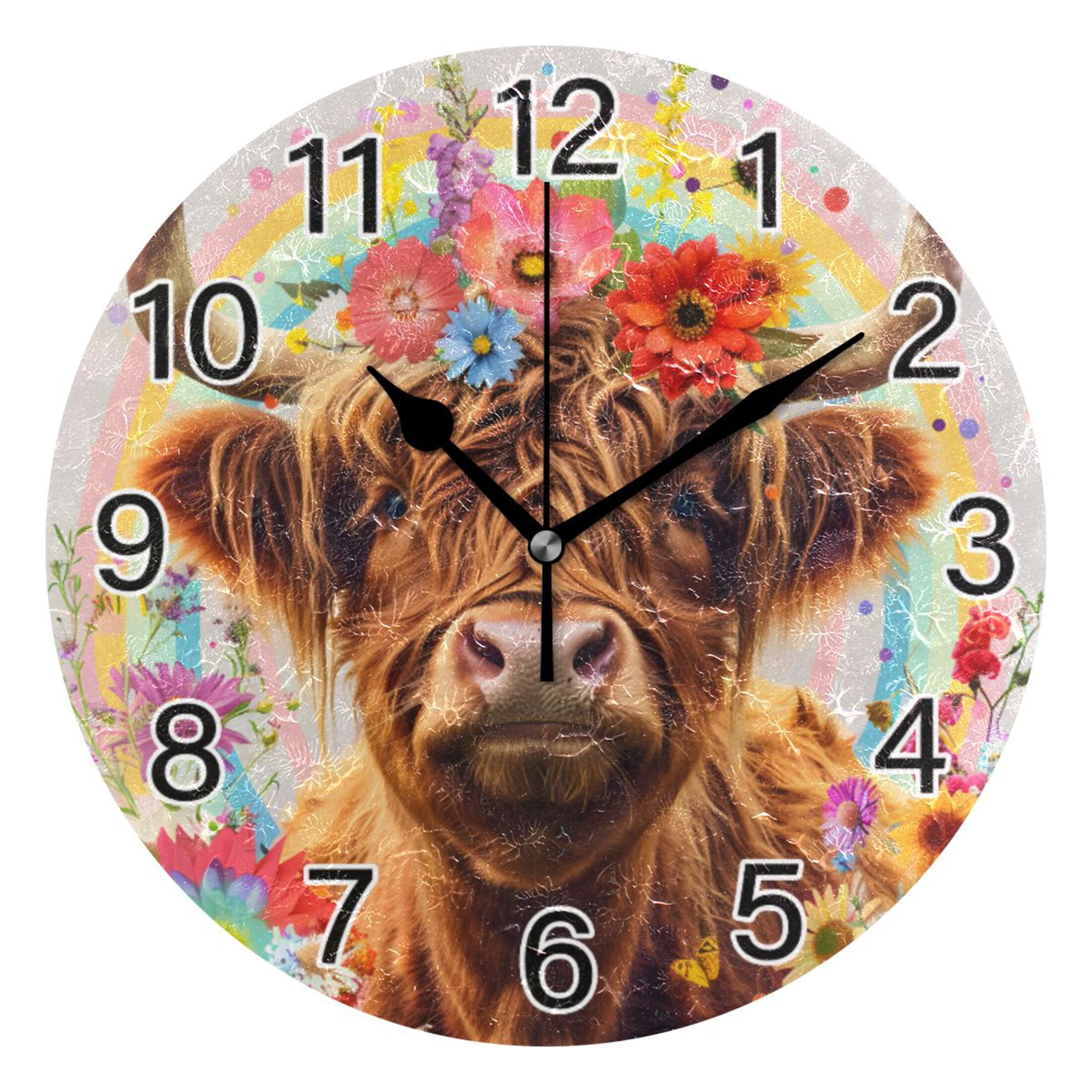 Ryvnso Highland Cow Flowers Rainbow Wall Clock Non Ticking Silent ...