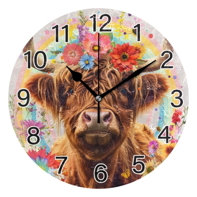Ryvnso Highland Cow Flowers Rainbow Wall Clock Non Ticking Silent ...