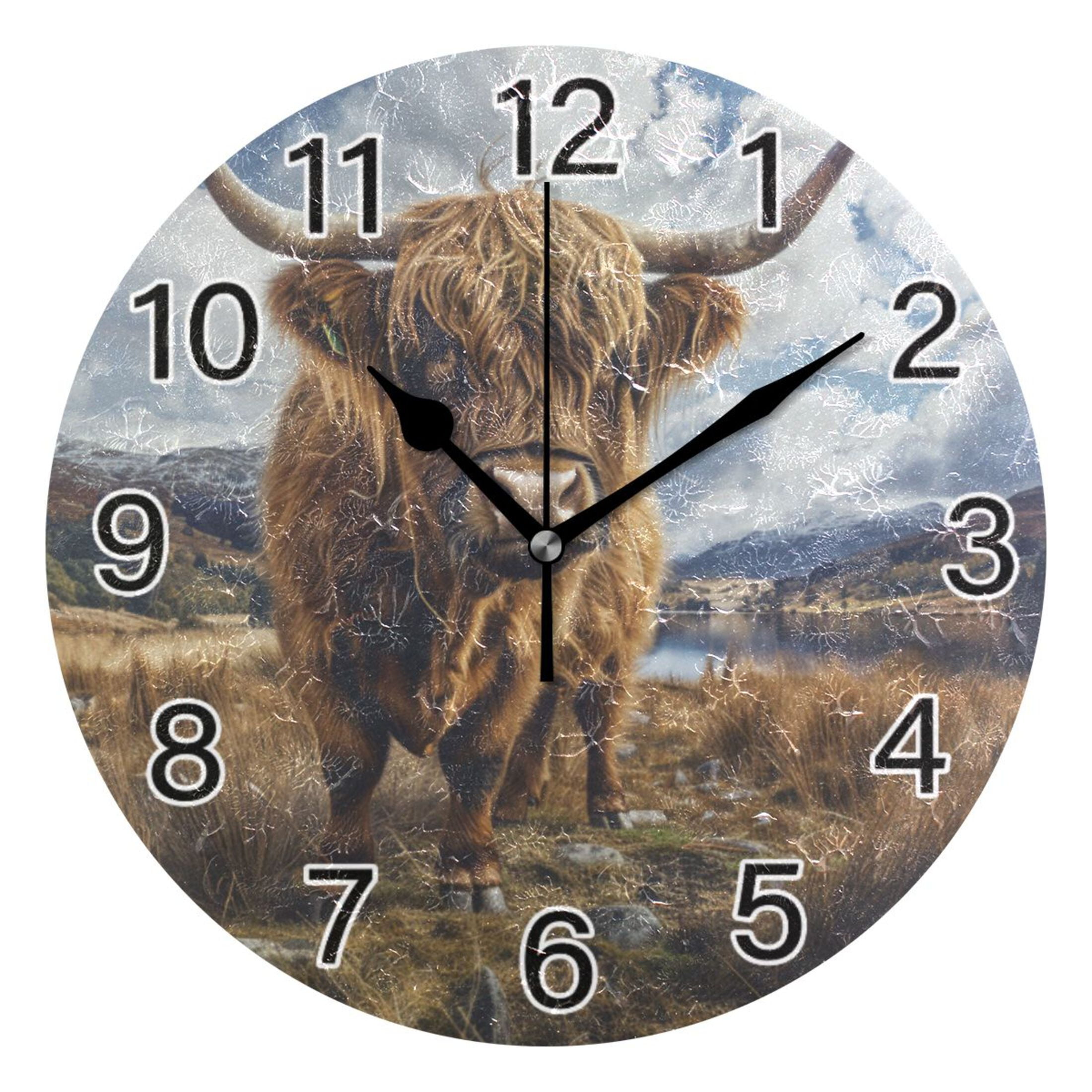 Ryvnso Highland Cow Wall Clock Non Ticking Silent Kitchen Clock Battery ...