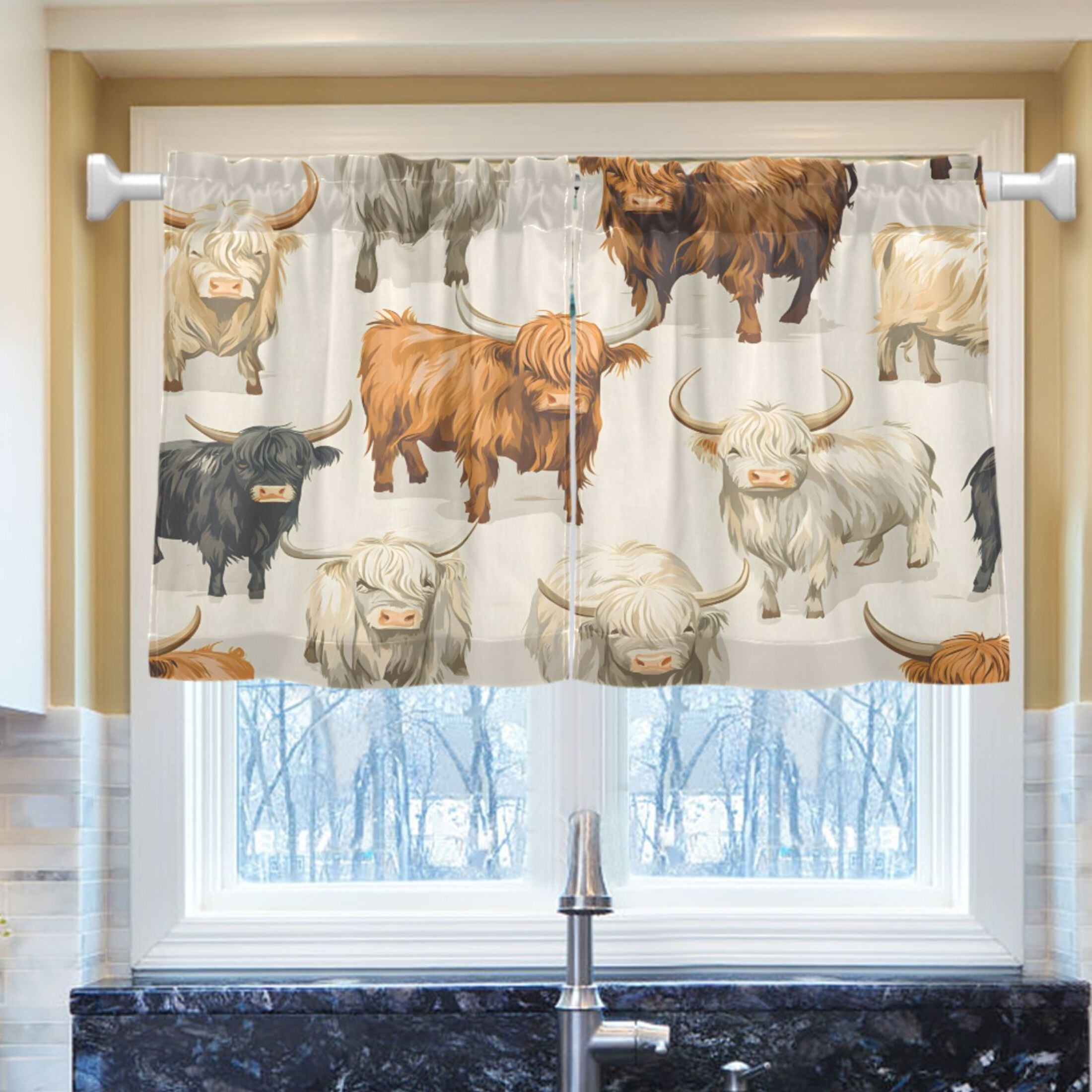 Ryvnso Highland Cows Half Curtains Sets Tier 2 Panels Short Curtain Rod ...