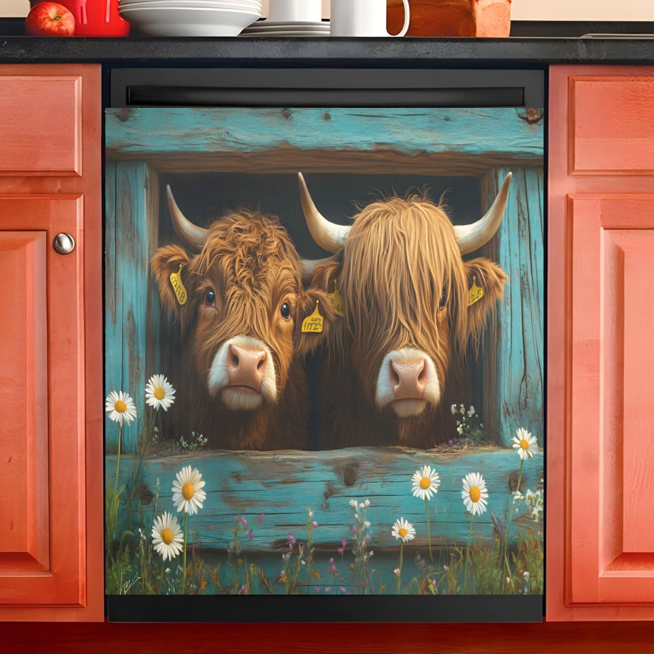 Ryvnso Highland Cows in Wood Dishwasher Magnetic Refrigerator Magnet ...