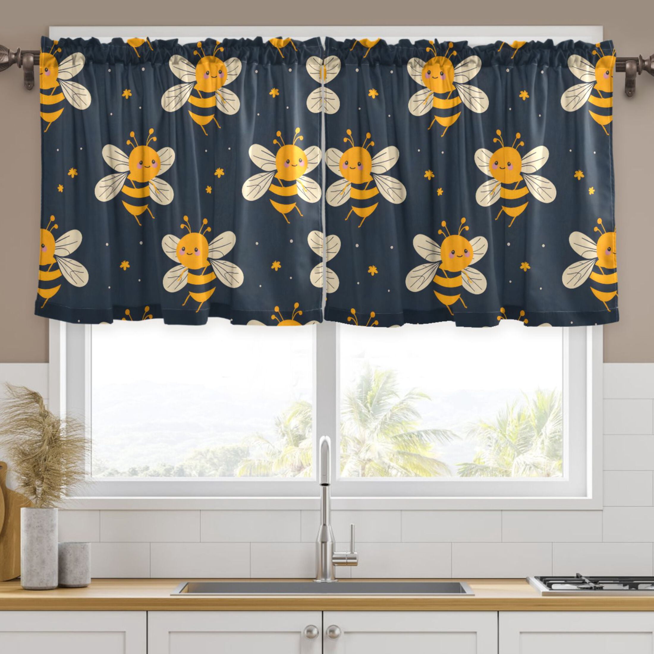Ryvnso Honey Bee Curtains Sets Short Curtain Rod Pocket Half Window ...