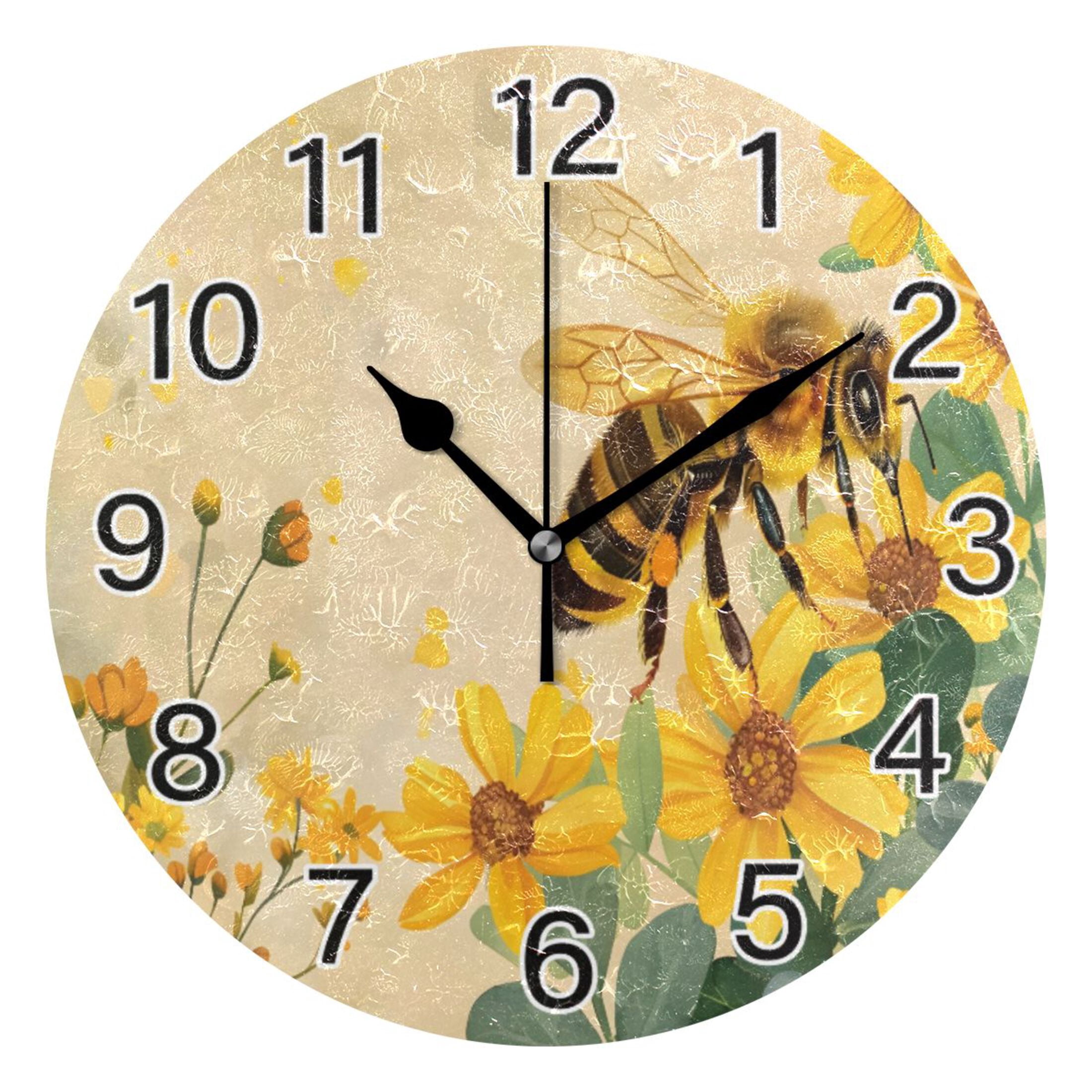 Ryvnso Honey Bee and Sunflower Wall Clock Non Ticking Silent Kitchen ...