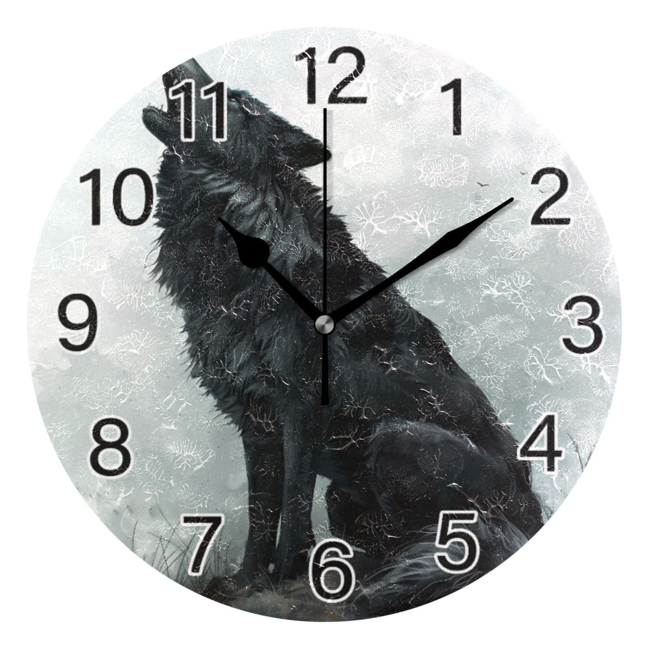 Ryvnso Howling Wolf Wall Clock Non Ticking Silent Kitchen Clock Battery ...