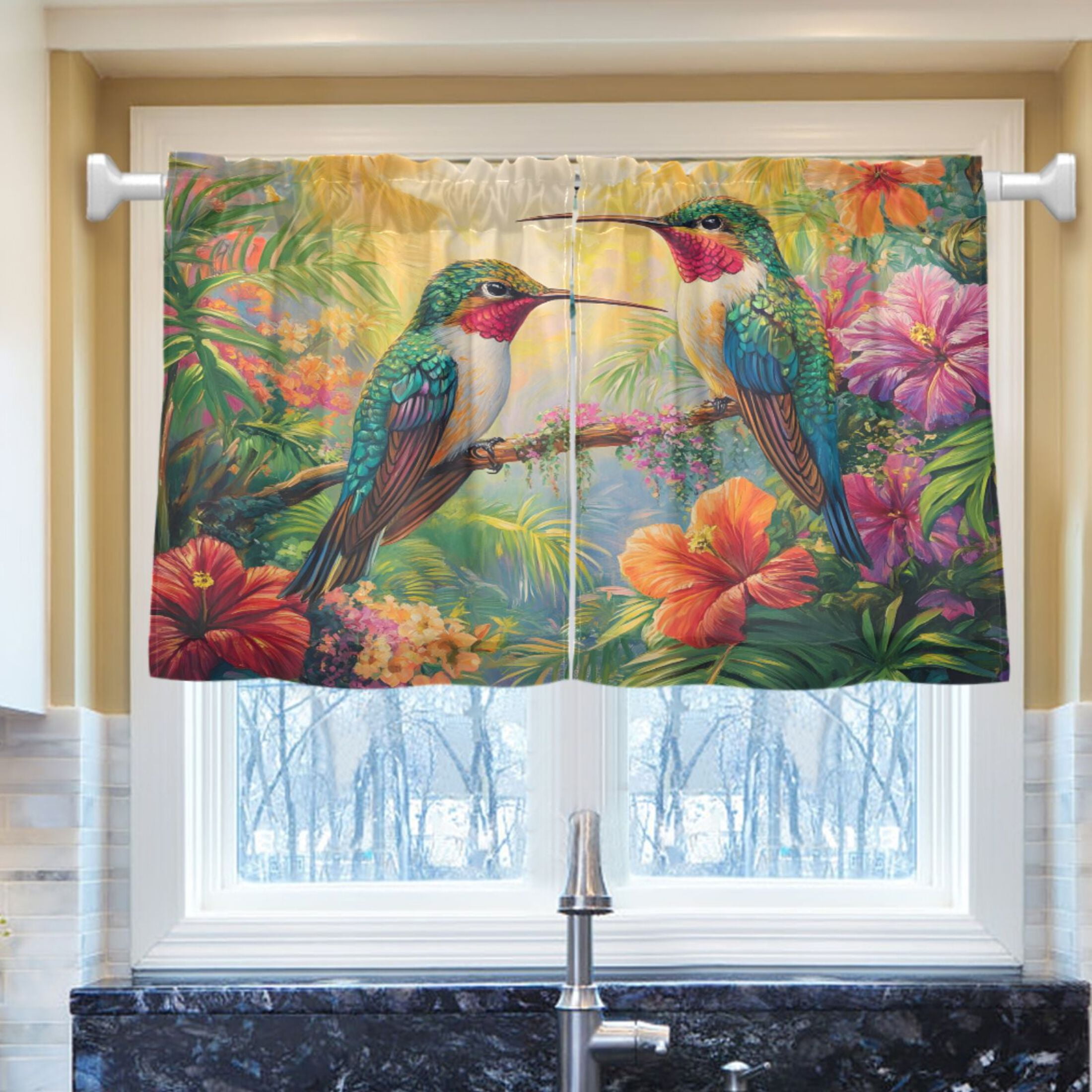 Ryvnso Hummingbird Lily Flower Half Curtains Sets Tier 2 Panels Short ...