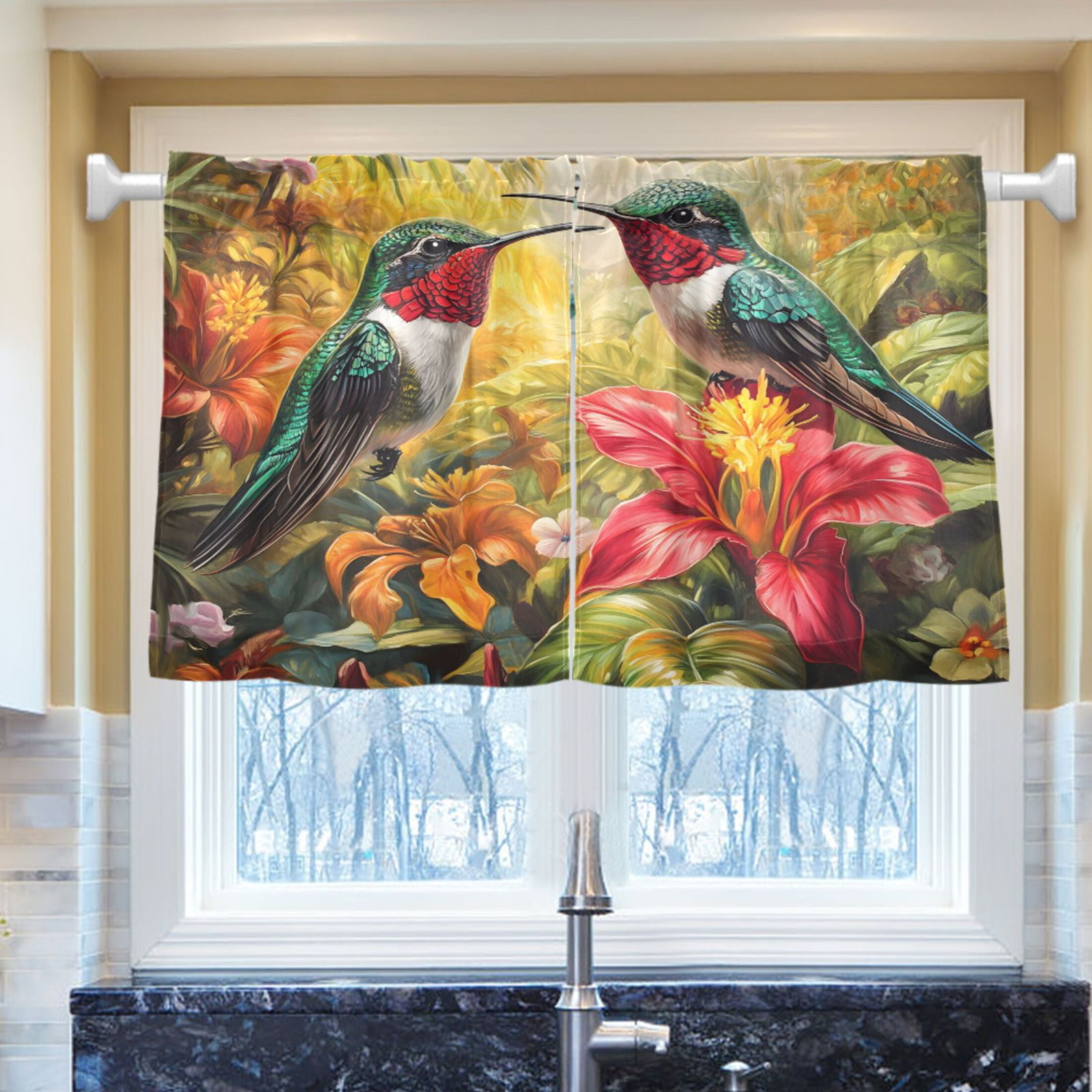 Ryvnso Hummingbirds Lily Flowers Half Curtains Sets Tier 2 Panels Short ...