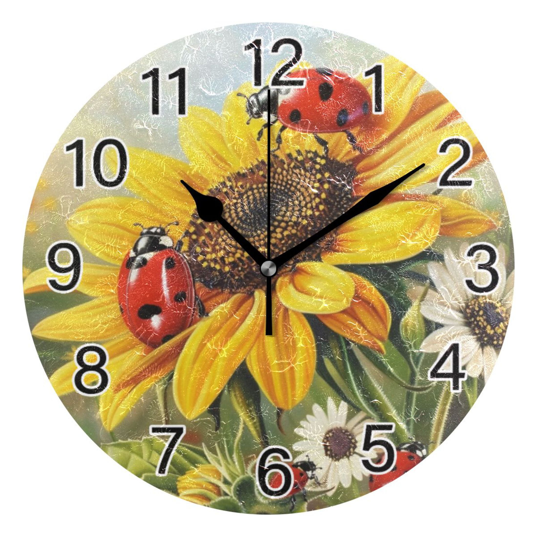 Ryvnso Ladybugs on Sunflowers Daisy Wall Clock Non Ticking Silent ...