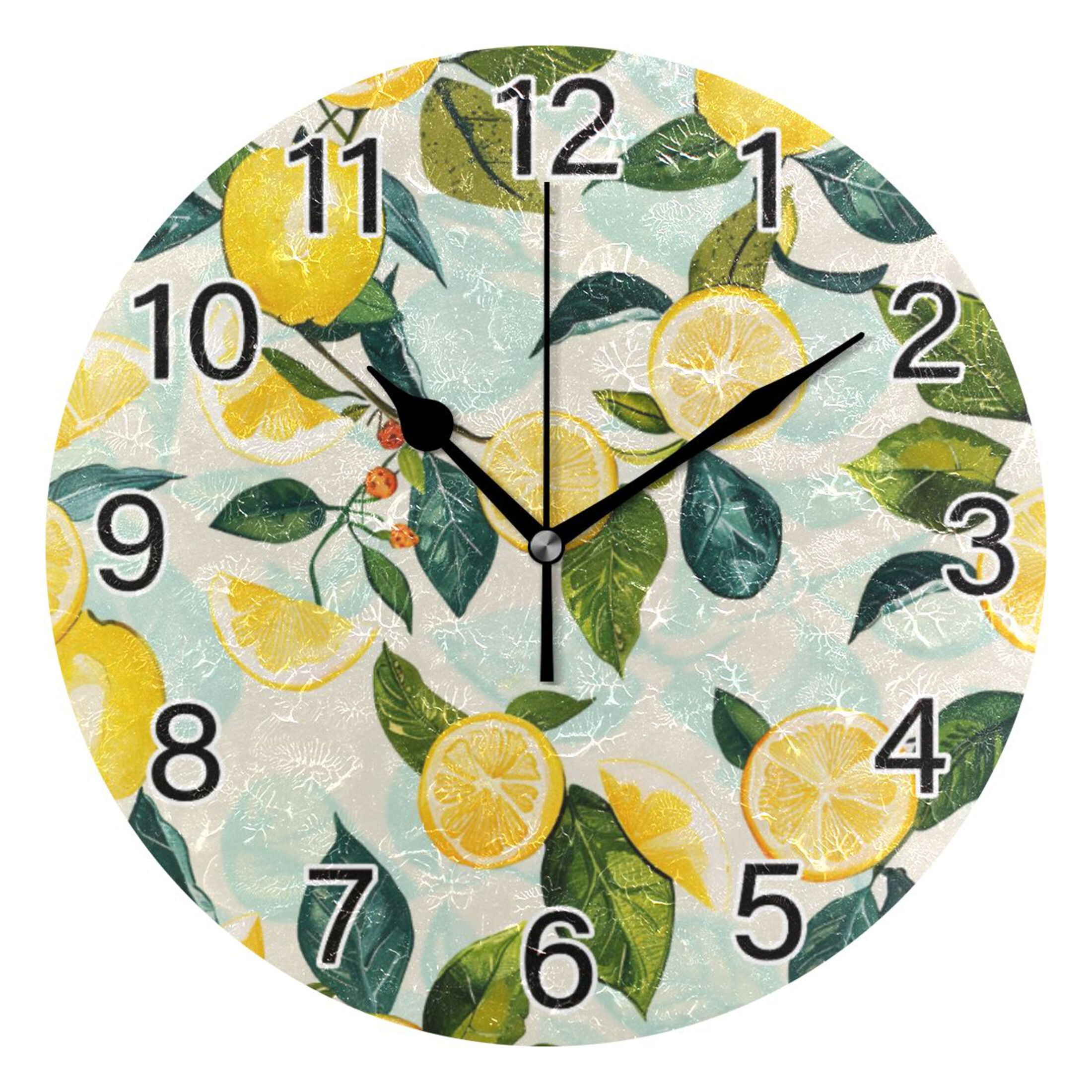 Ryvnso Lemon and Leaves Wall Clock Non Ticking Silent Kitchen Clock ...