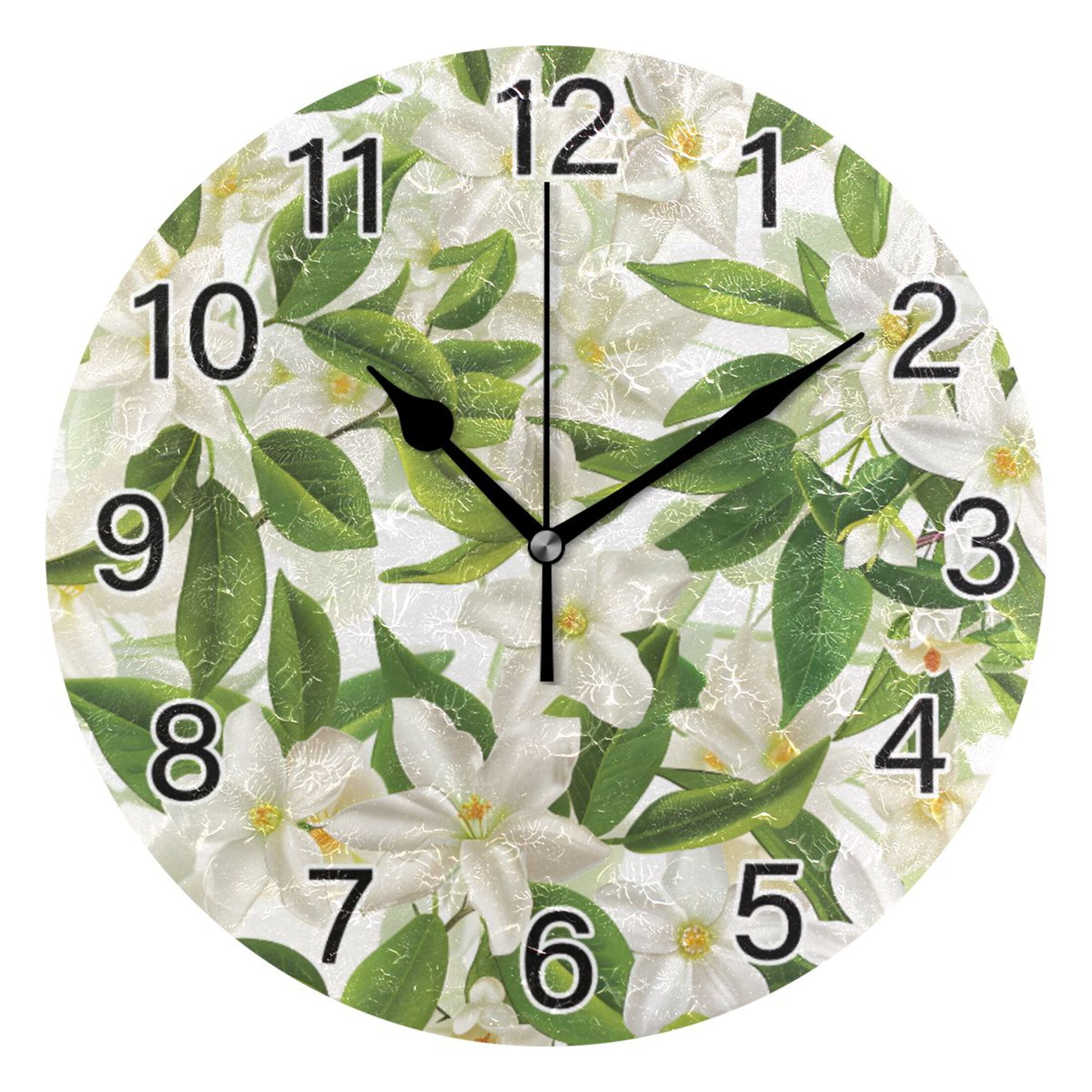 Ryvnso Lily Flower and Leaves Wall Clock Non Ticking Silent Kitchen ...