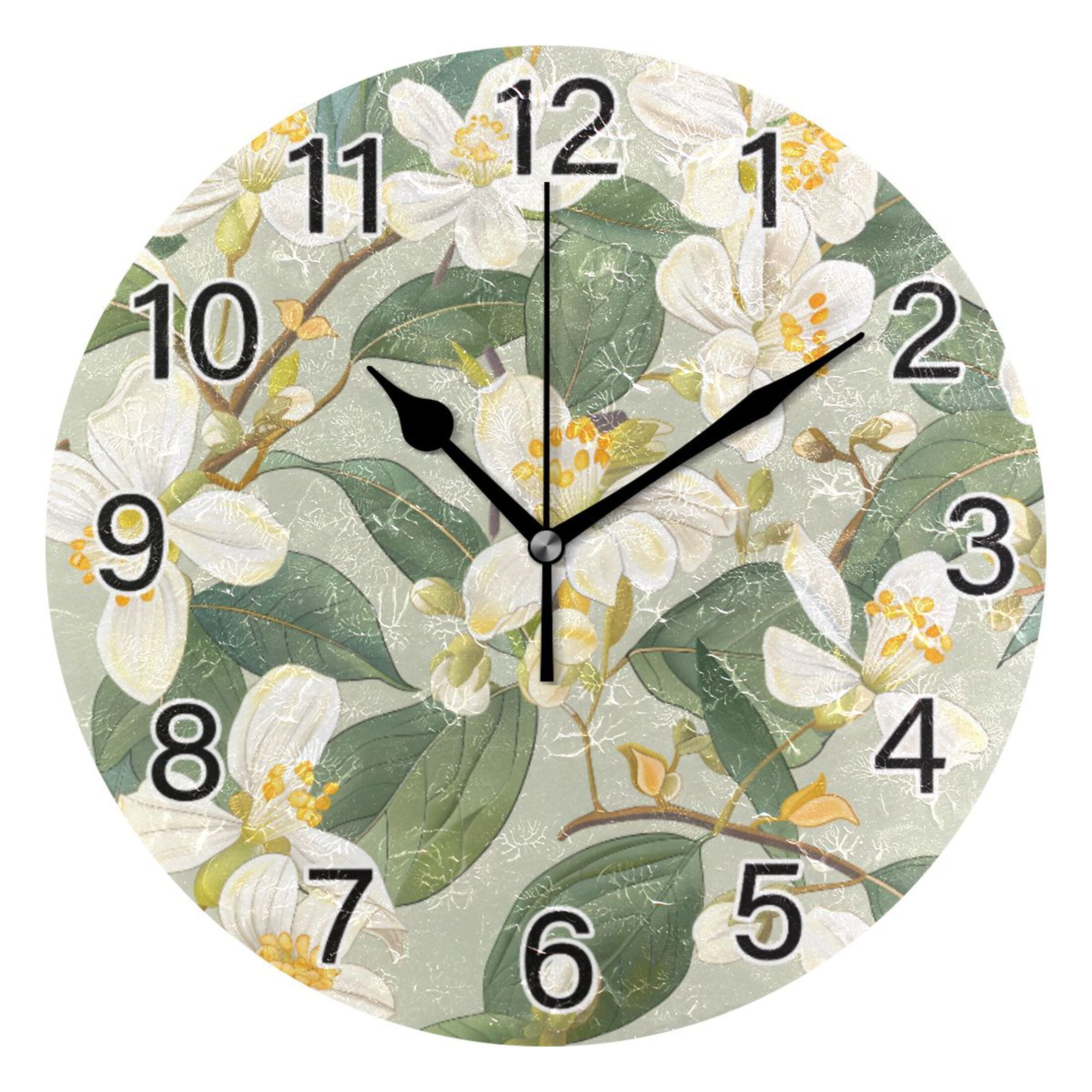 Ryvnso Lily Flower with Leaf Wall Clock Non Ticking Silent Kitchen ...