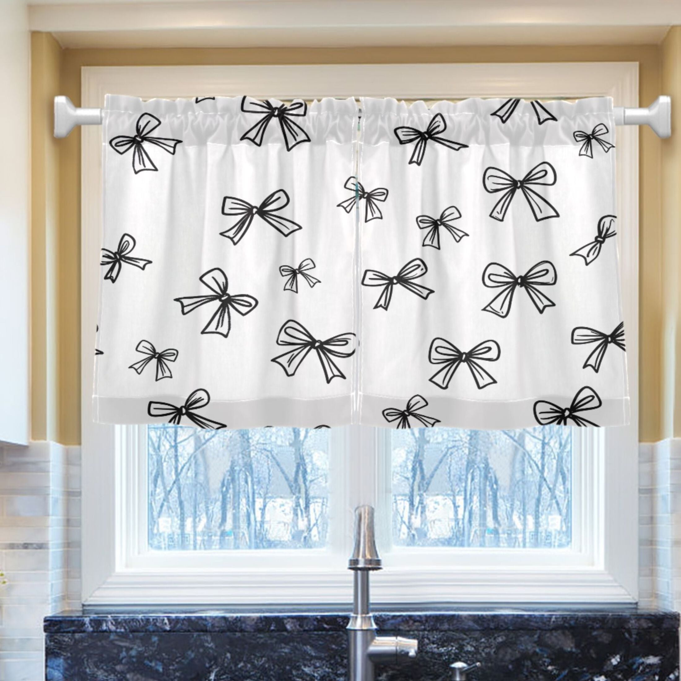 Ryvnso Line Bows Half Curtains Sets Tier 2 Panels Short Curtain Rod ...