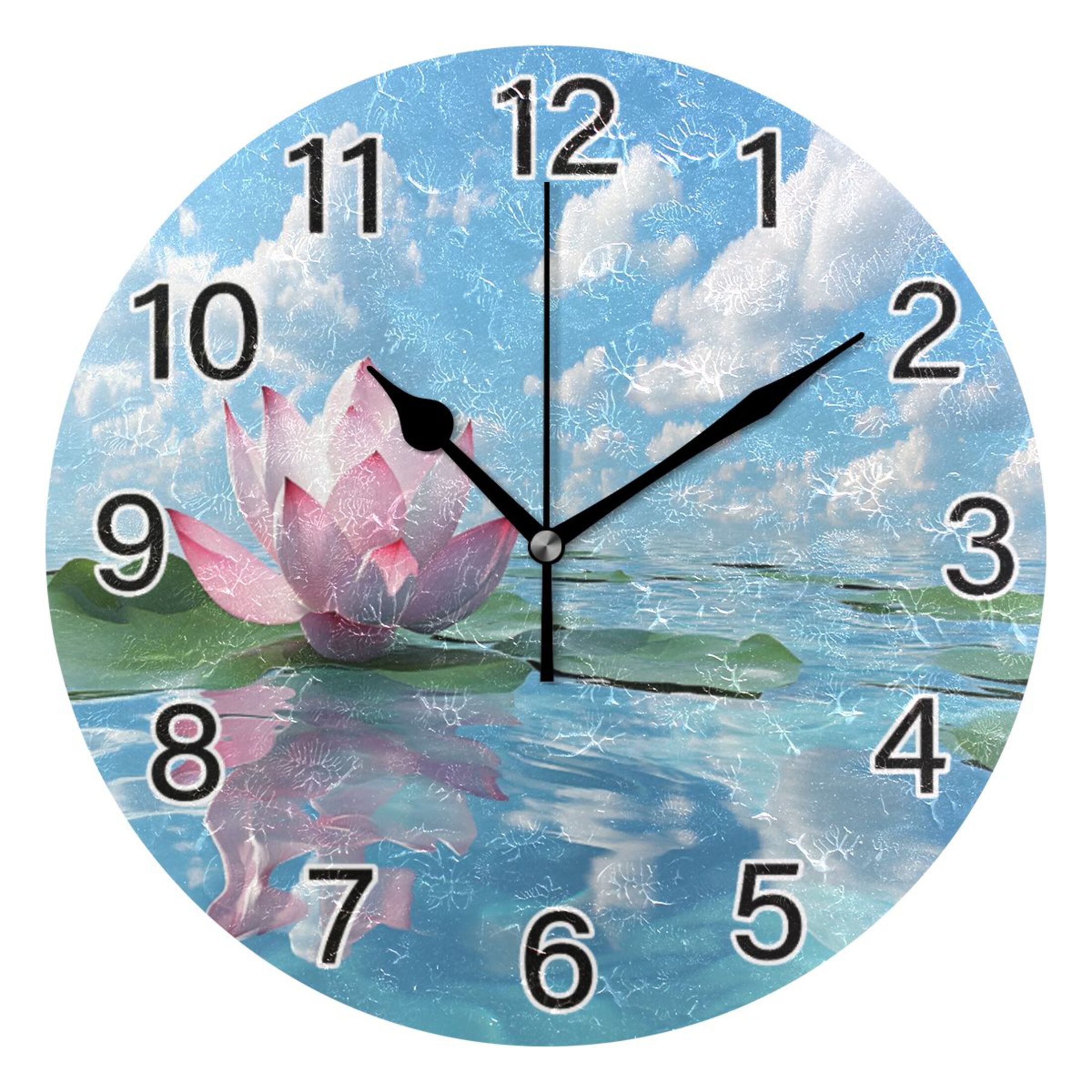 Ryvnso Lotus Flower Blue Sky Wall Clock Non Ticking Silent Kitchen ...