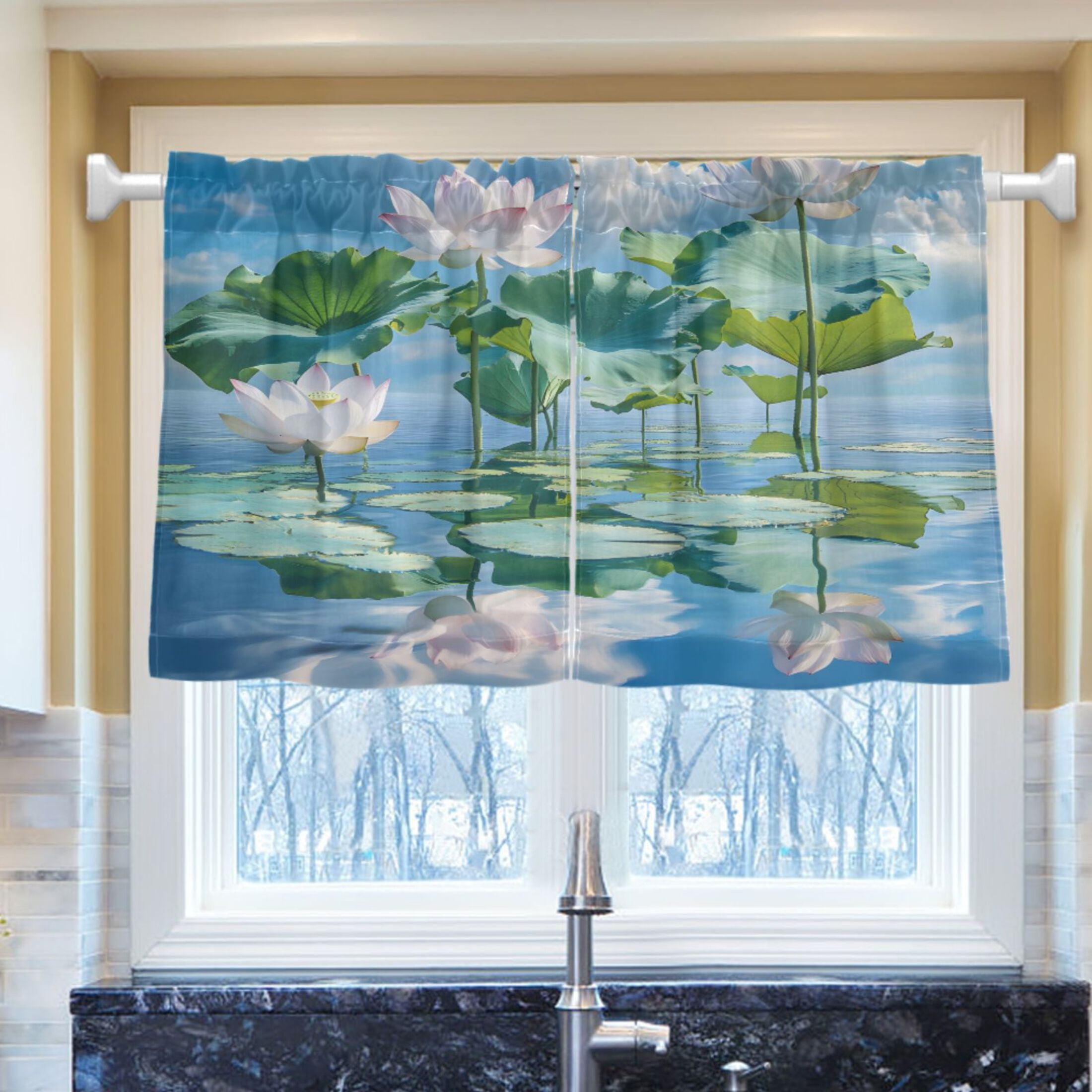 Ryvnso Lotus Leaves Blue Sky Half Curtains Sets Tier 2 Panels Short ...