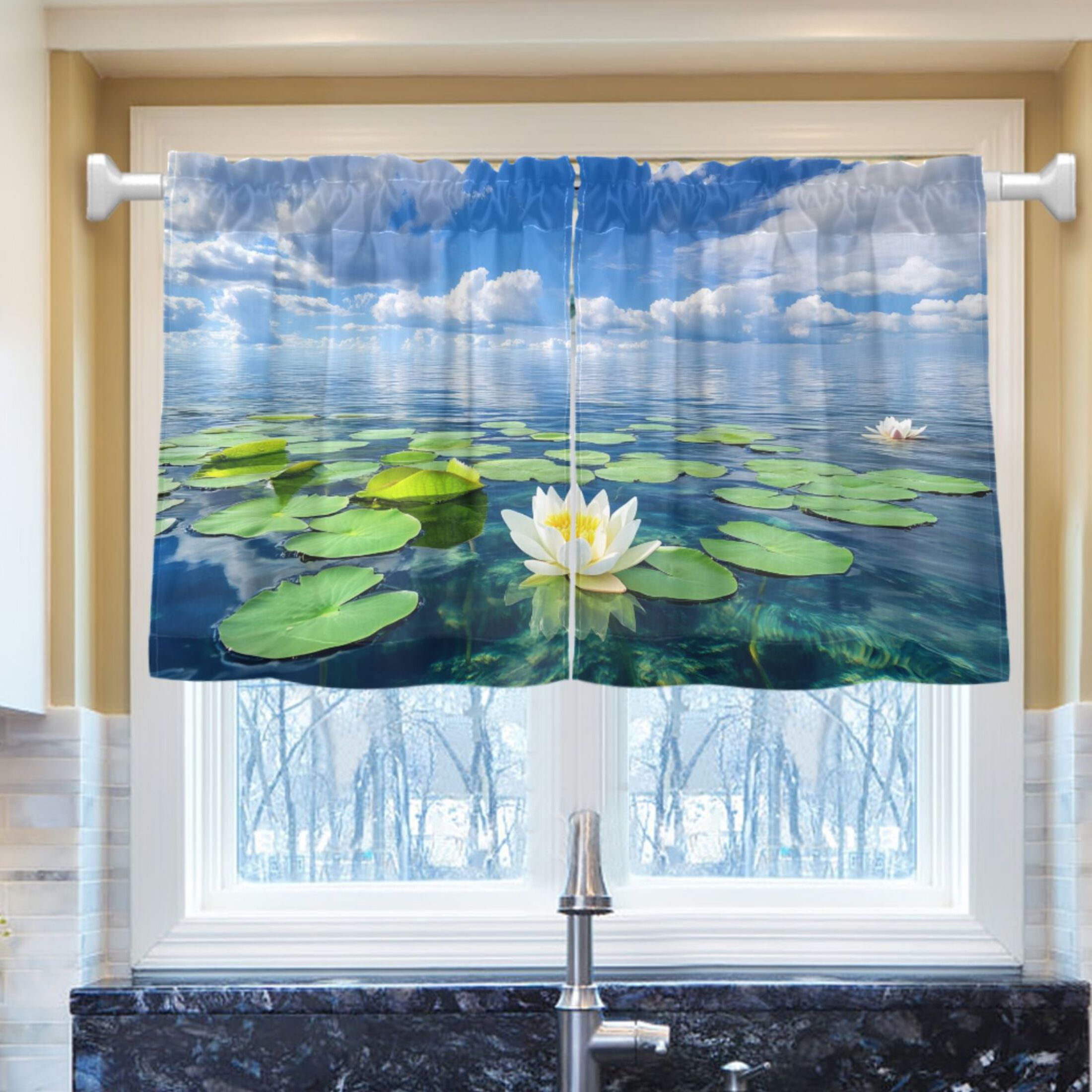 Ryvnso Lotus Leaves Sky Half Curtains Sets Tier 2 Panels Short Curtain ...