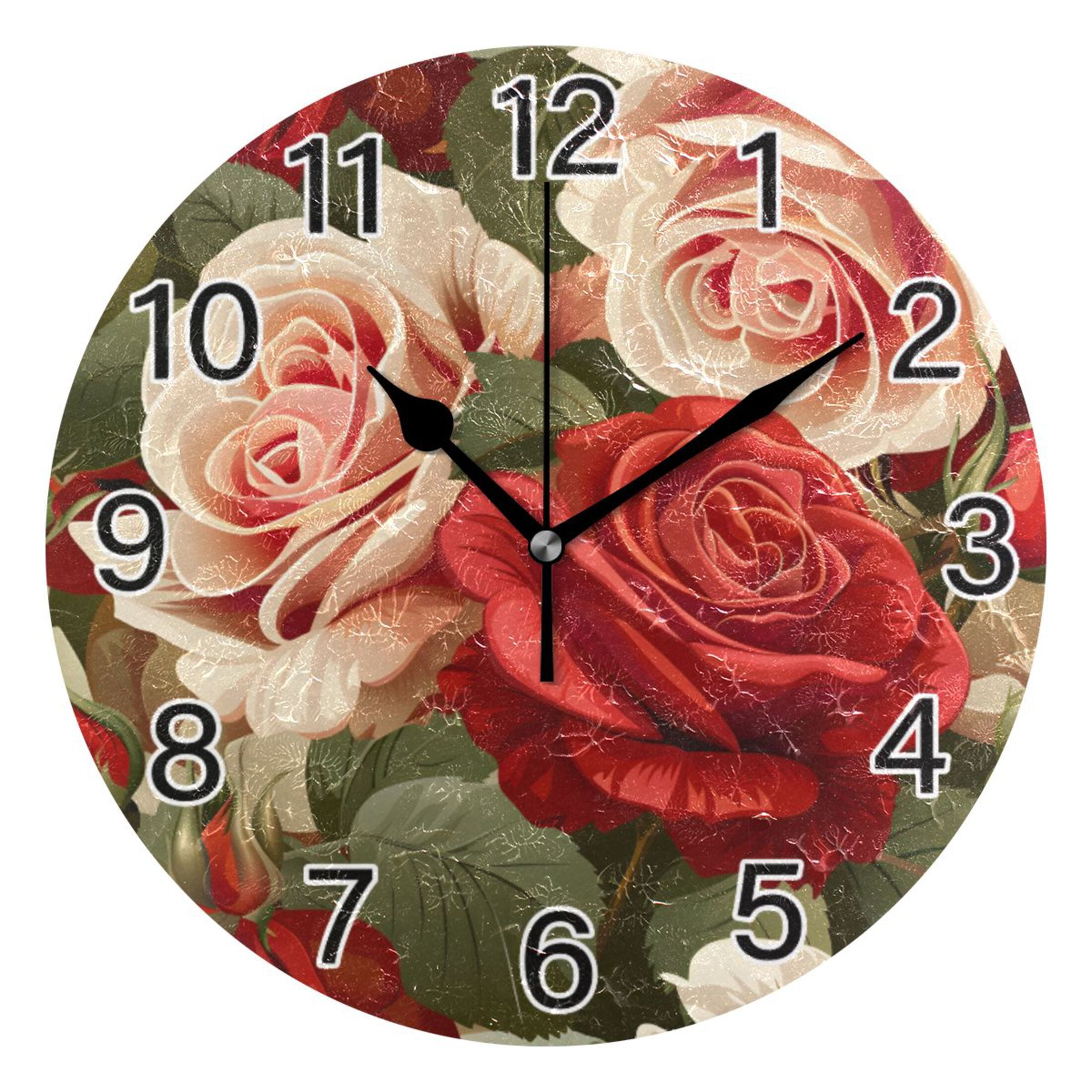 Ryvnso Luxury Roses Flower Wall Clock Non Ticking Silent Kitchen Clock ...
