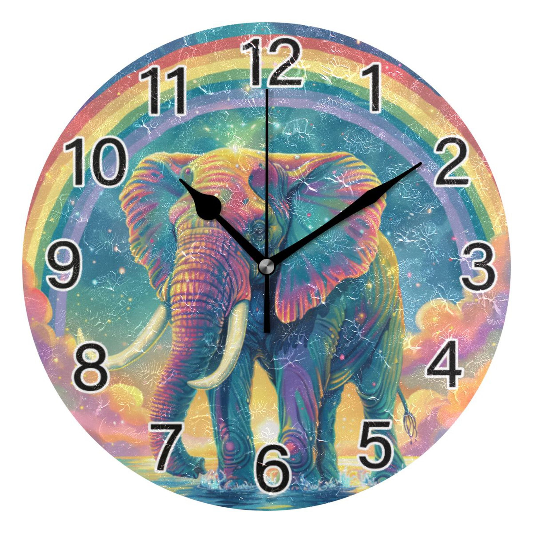 Ryvnso Magic Elephant with Rainbow Wall Clock Non Ticking Silent ...