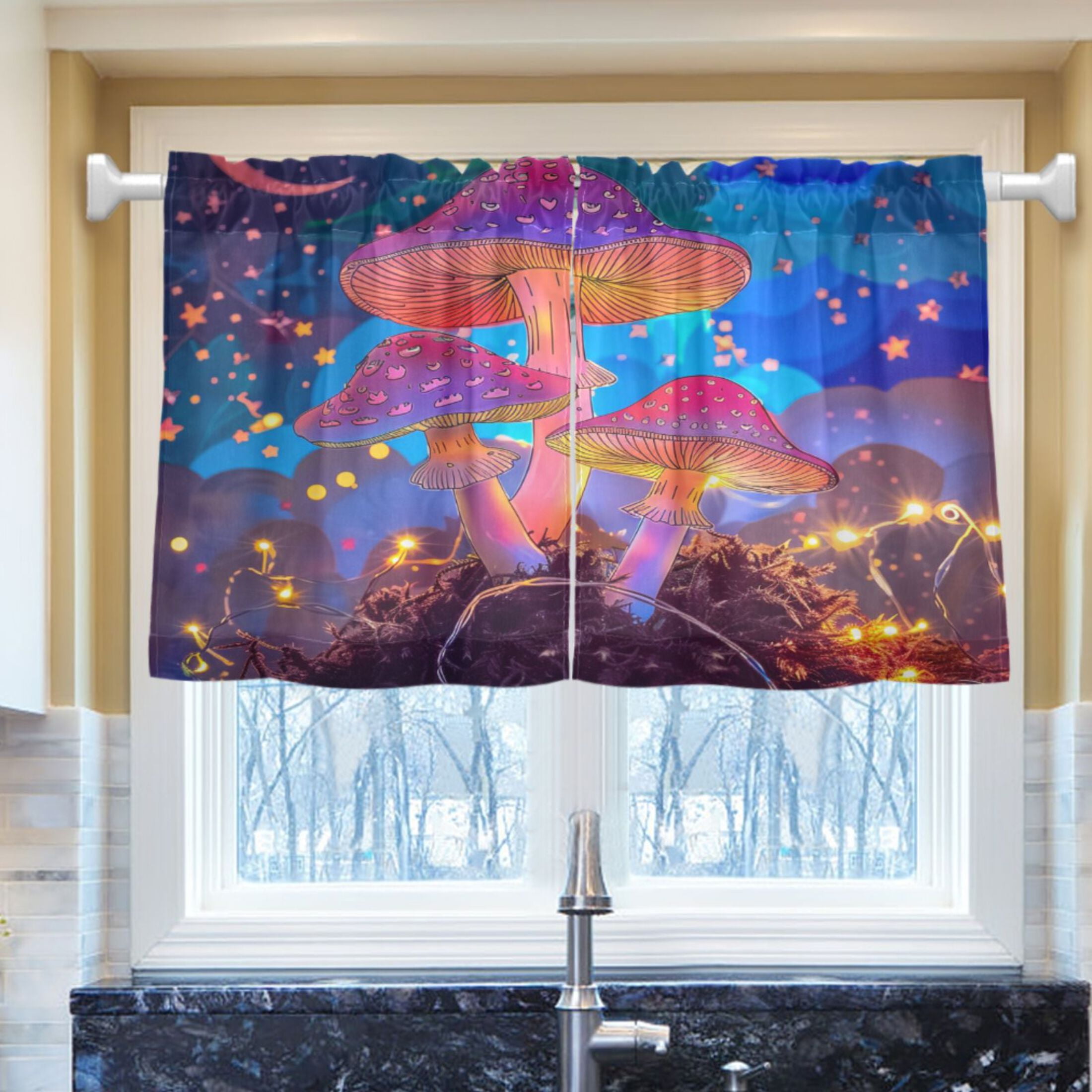 Ryvnso Magic Mushroom Stars Moon Half Curtains Sets Tier 2 Panels Short ...