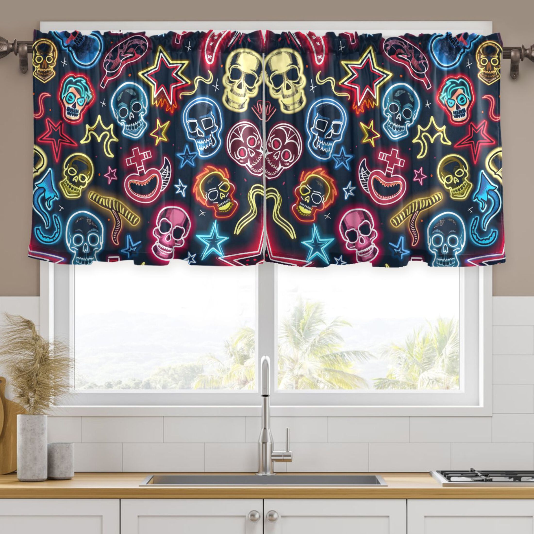 Ryvnso Magic Skeleton Curtains Sets Short Curtain Rod Pocket Half ...