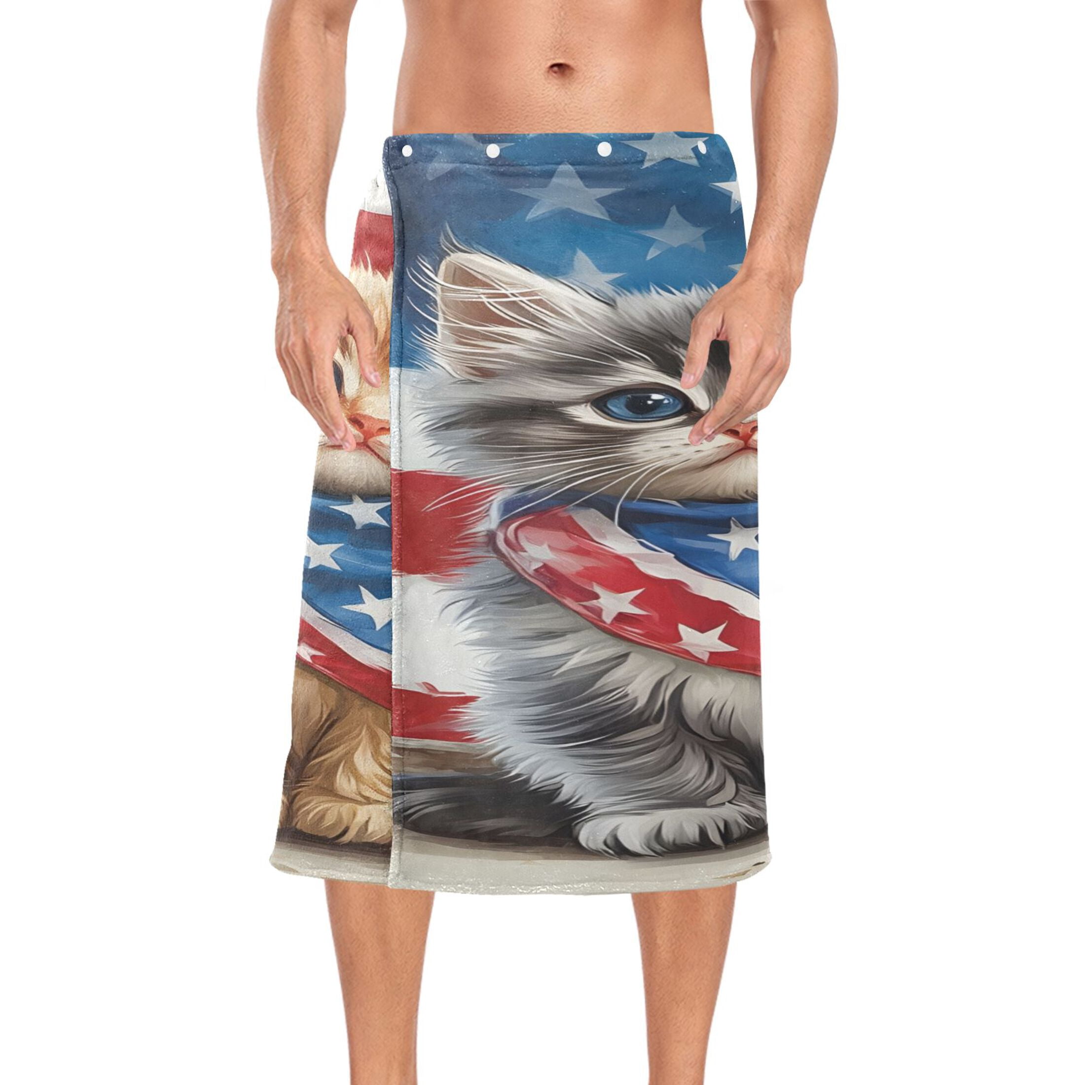 Ryvnso Men's Adjustable Shower Wrap Cat American Flag Bath Towels with ...