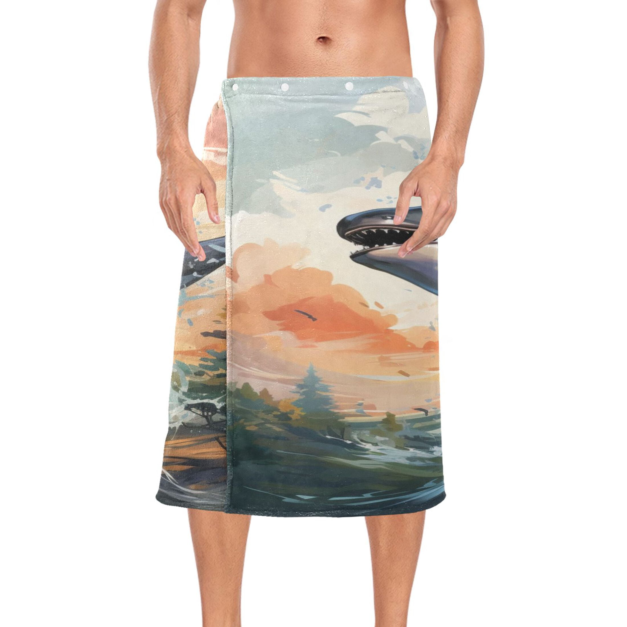 Ryvnso Men's Adjustable Shower Wrap Whale Jumping Bath Towels with Snap ...