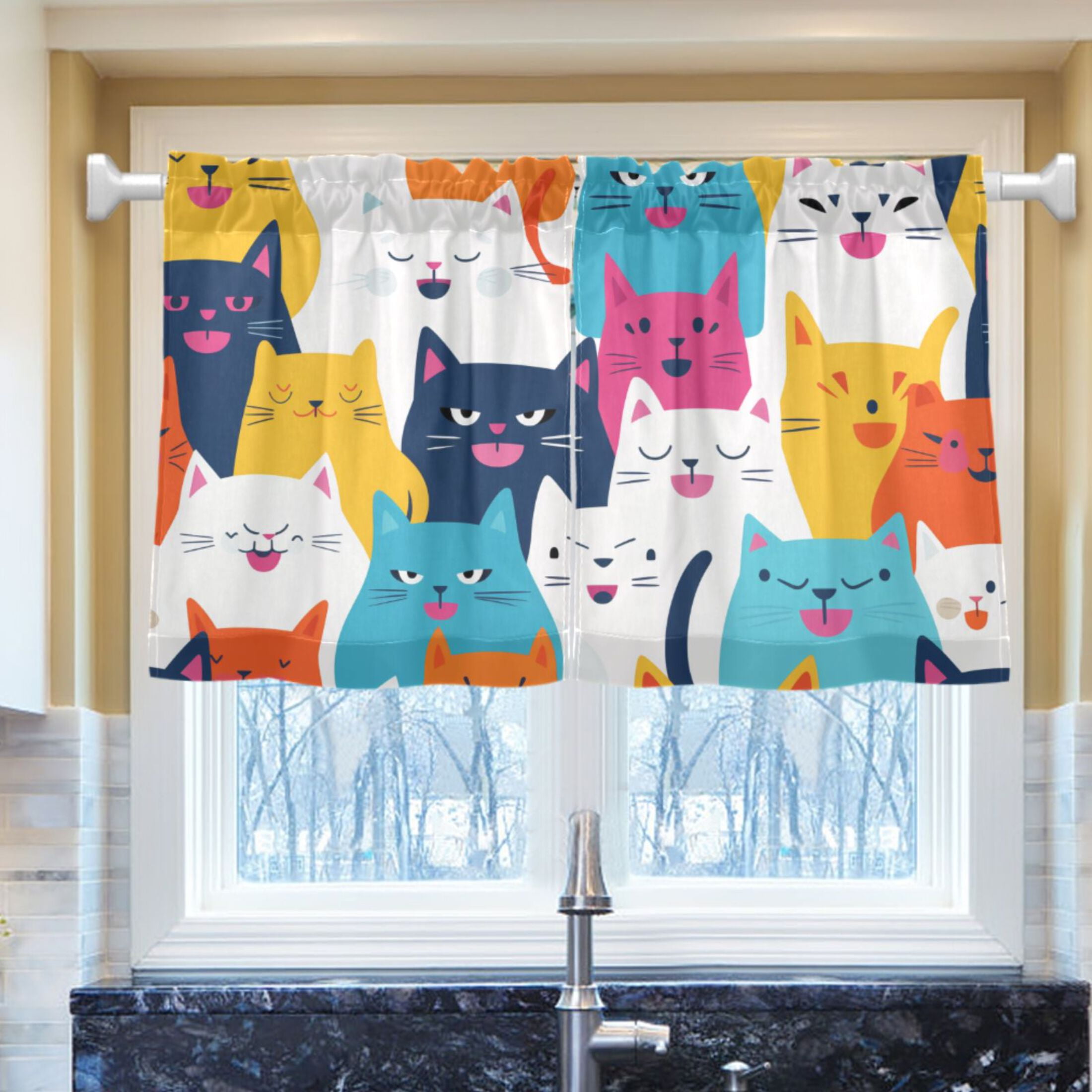 Ryvnso Multi Cats Half Curtains Sets Tier 2 Panels Short Curtain Rod ...