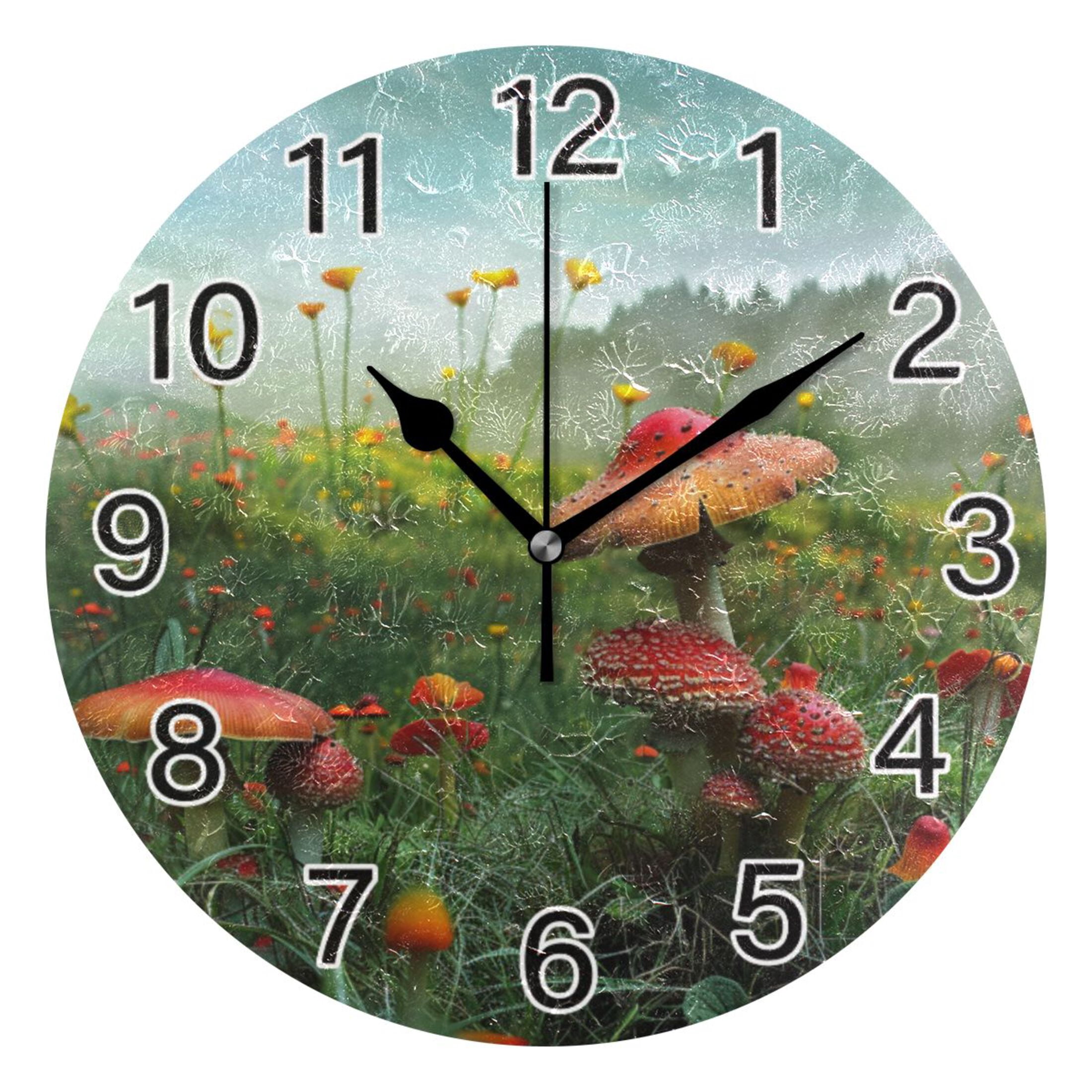 Ryvnso Mushrooms Grasses Landscape Wall Clock Non Ticking Silent ...