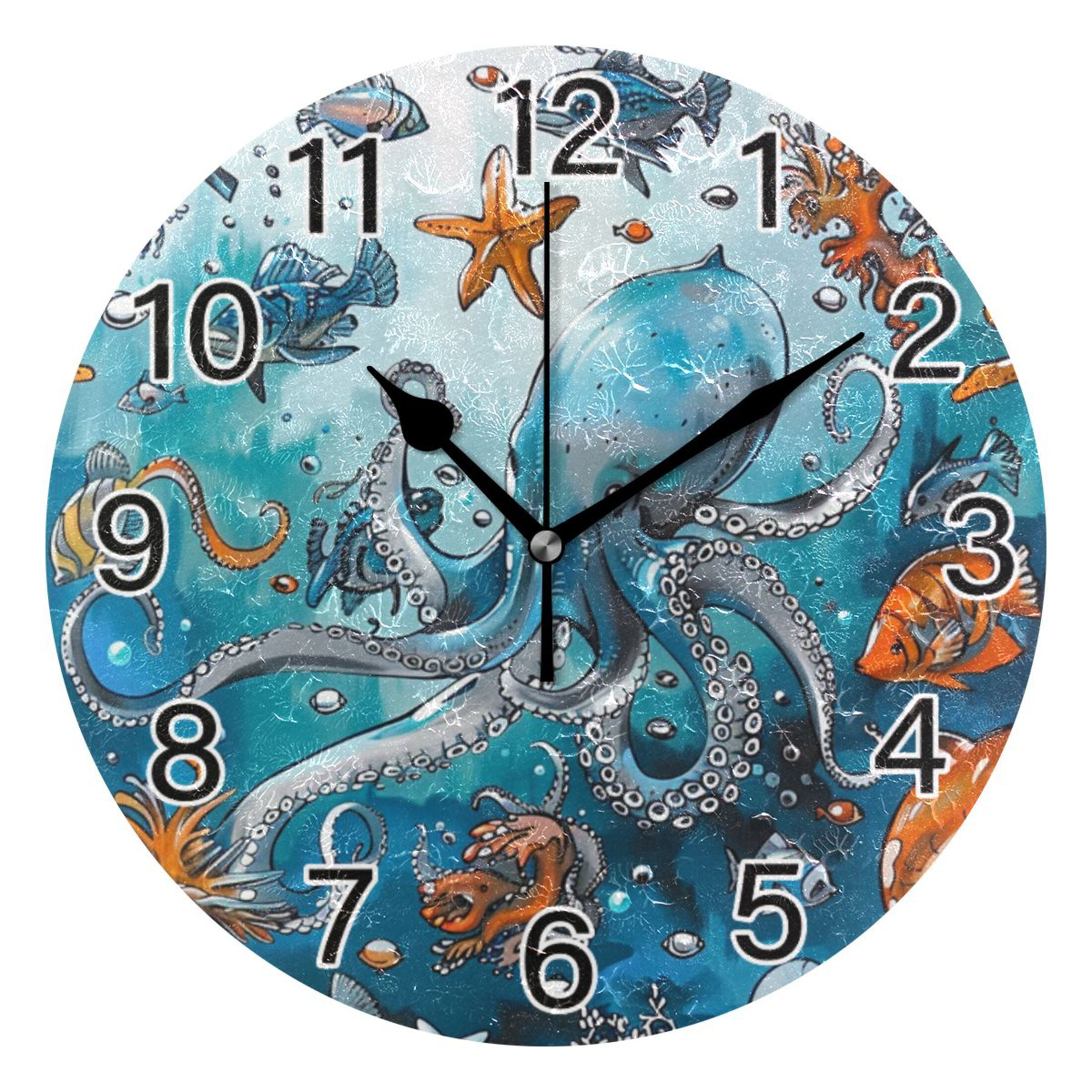 Ryvnso Octopus Sea Star Fish Wall Clock Non Ticking Silent Kitchen ...