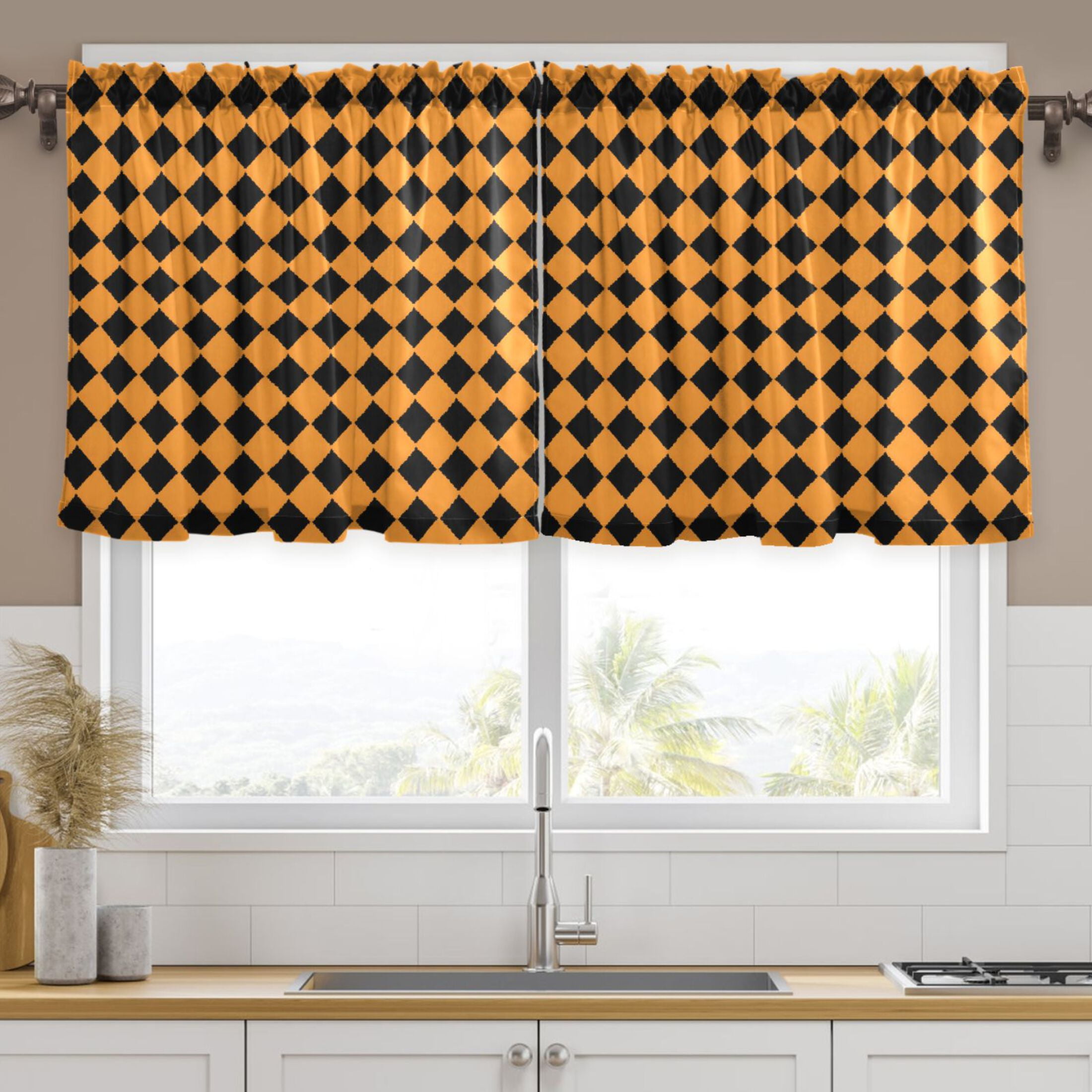 Ryvnso Orange Checked Grid Pattern Curtains Sets Short Curtain Rod ...