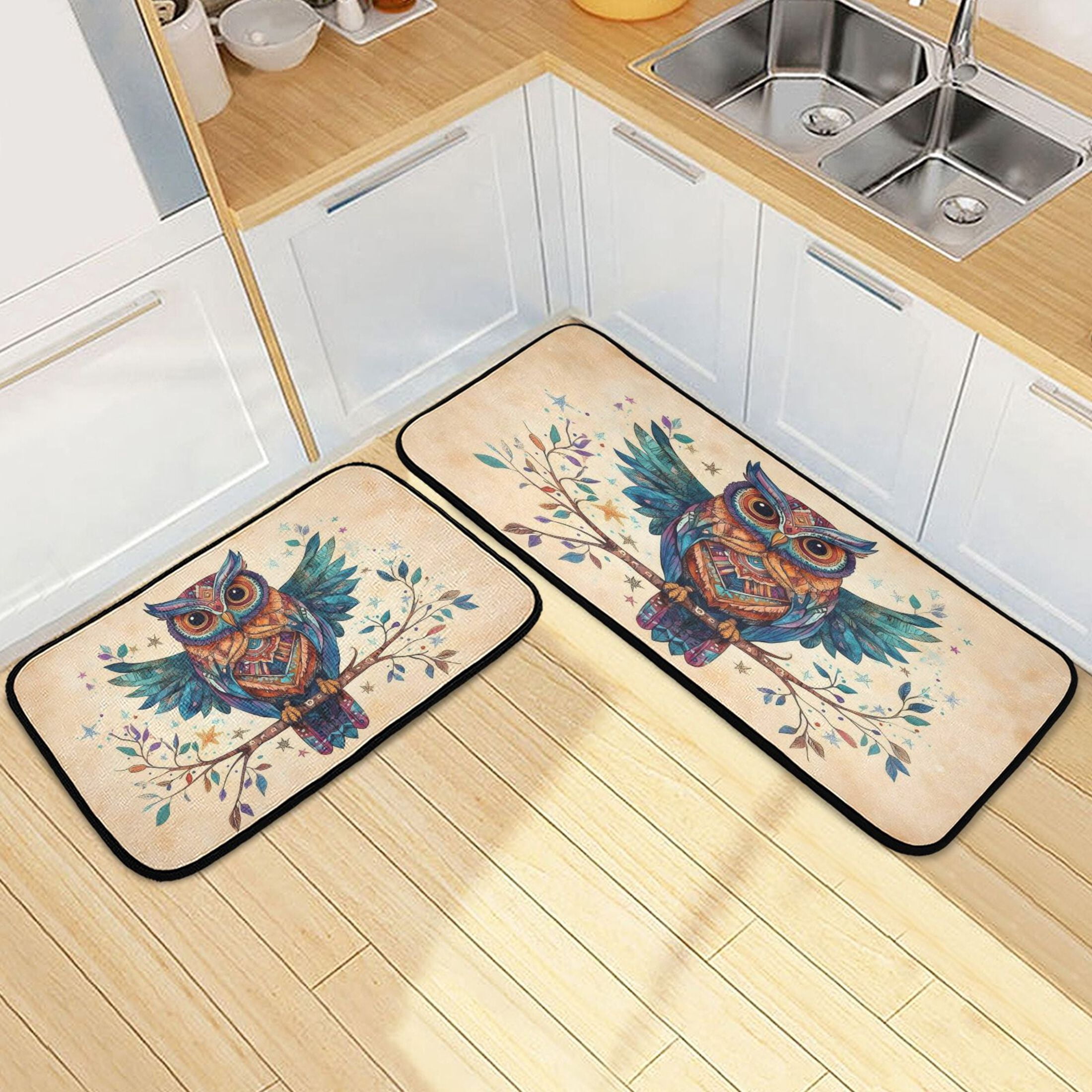 Ryvnso Owl on Tree Pattern Kitchen Rugs Set Non Slip Runner Mats for ...