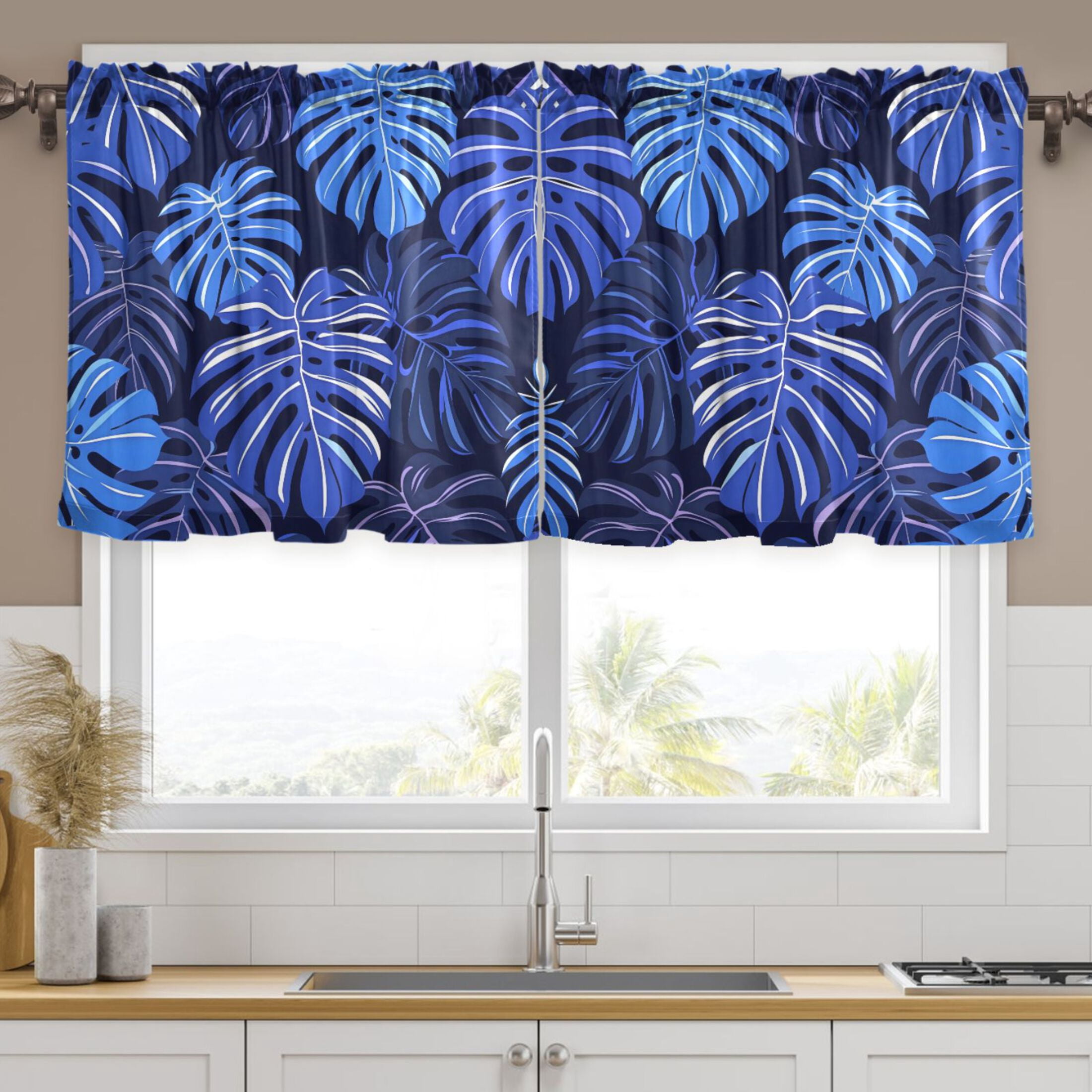 Ryvnso Palm Leaf Curtains Sets Short Curtain Rod Pocket Half Window ...
