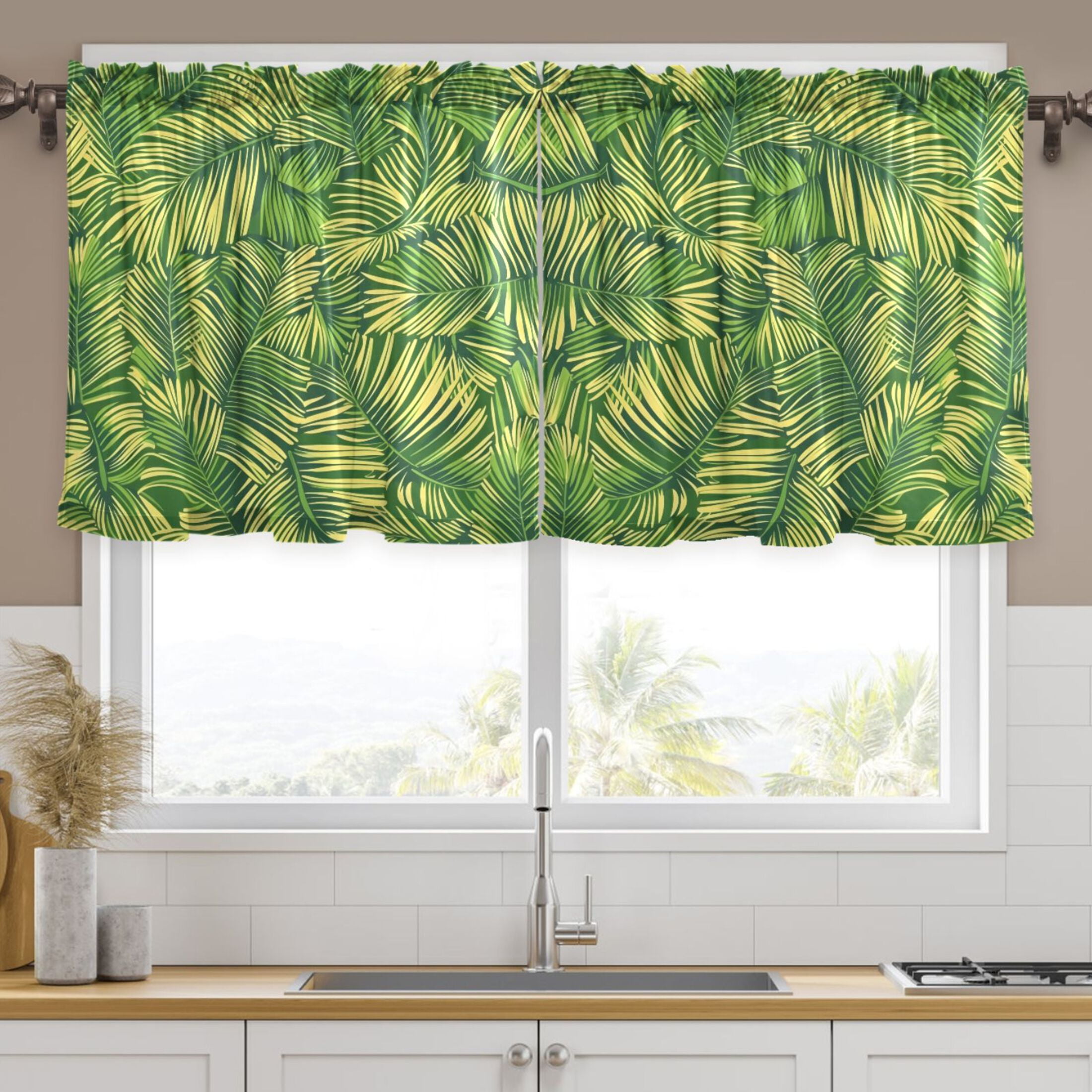 Ryvnso Palm Leaf Curtains Sets Short Curtain Rod Pocket Half Window Cafe Farmhouse Tier 2 Panels ...